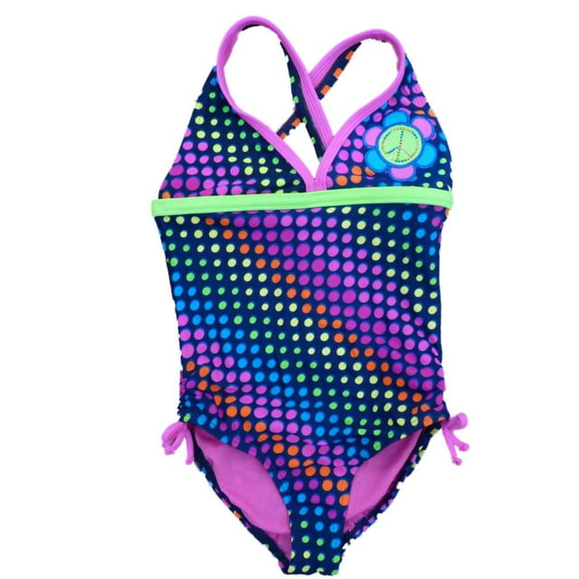 Angel Beach Girls Blue With Neon Dots Swimming Suit Swim Bathing Suit 1 ...