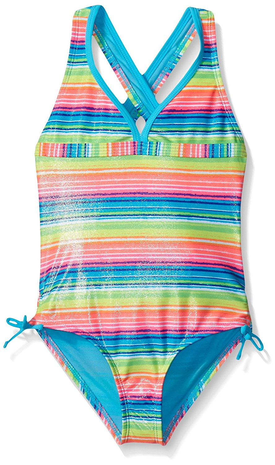 Angel Beach Girls Multi Neon Stripe Foil Print Swimming Suit Swim ...