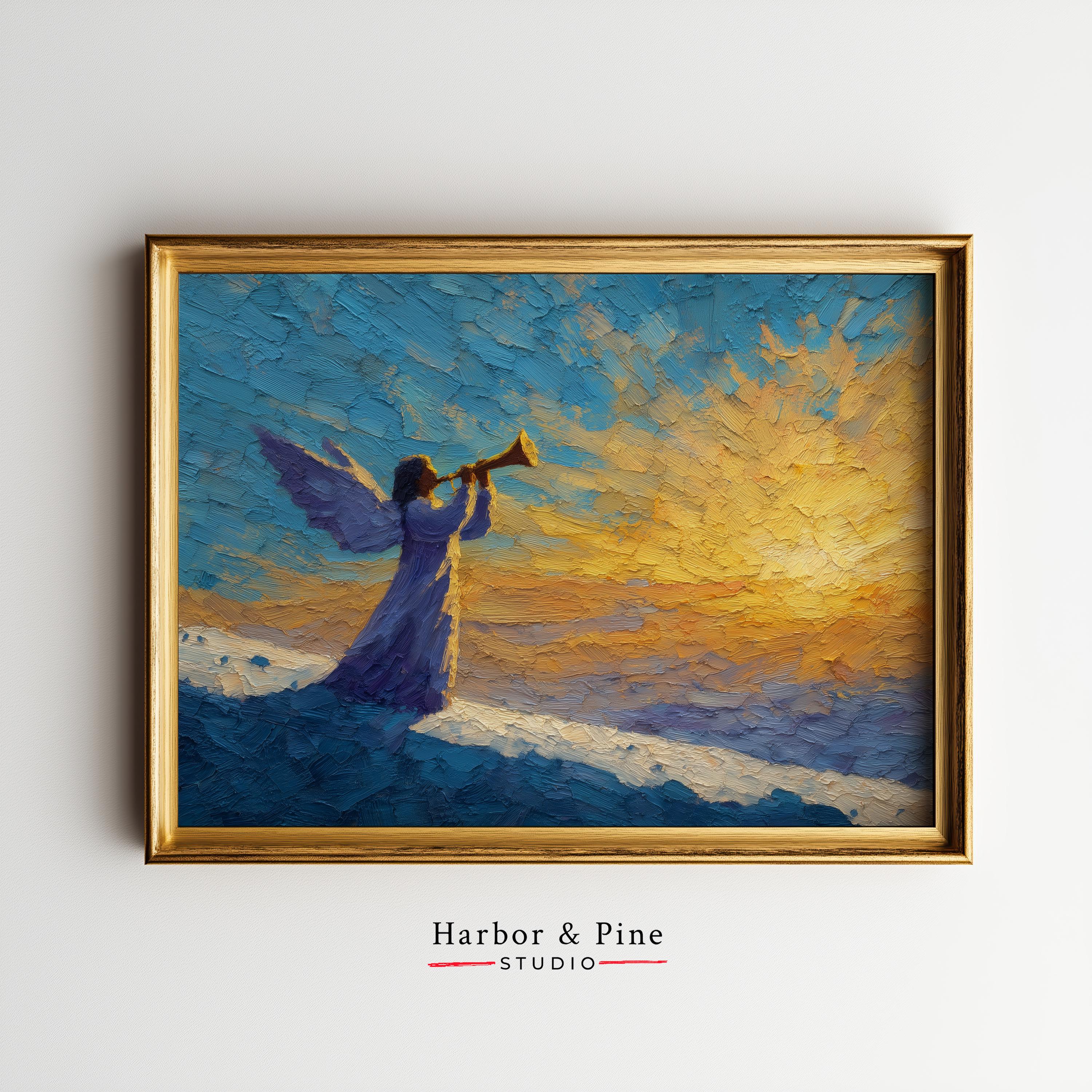 Angel Blowing Trumpet At Sunset - Winter Wall Art, Serene Snowy ...