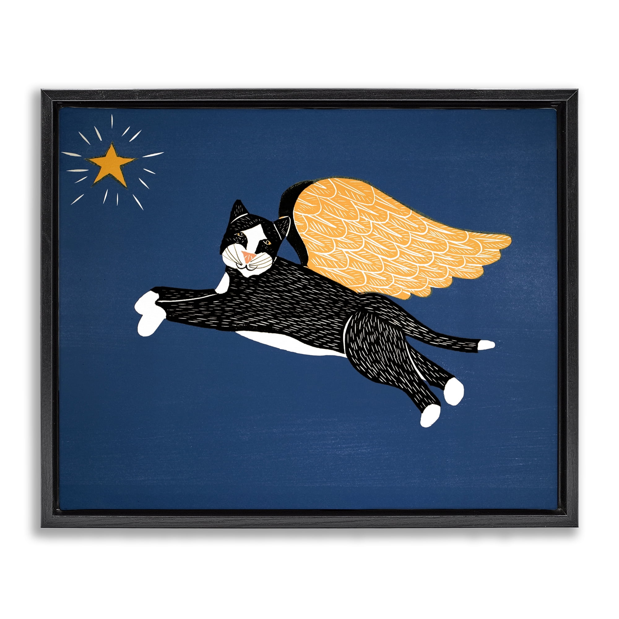 Angel Cat with Star Black Framed Floater Canvas Wall Art, design by ...