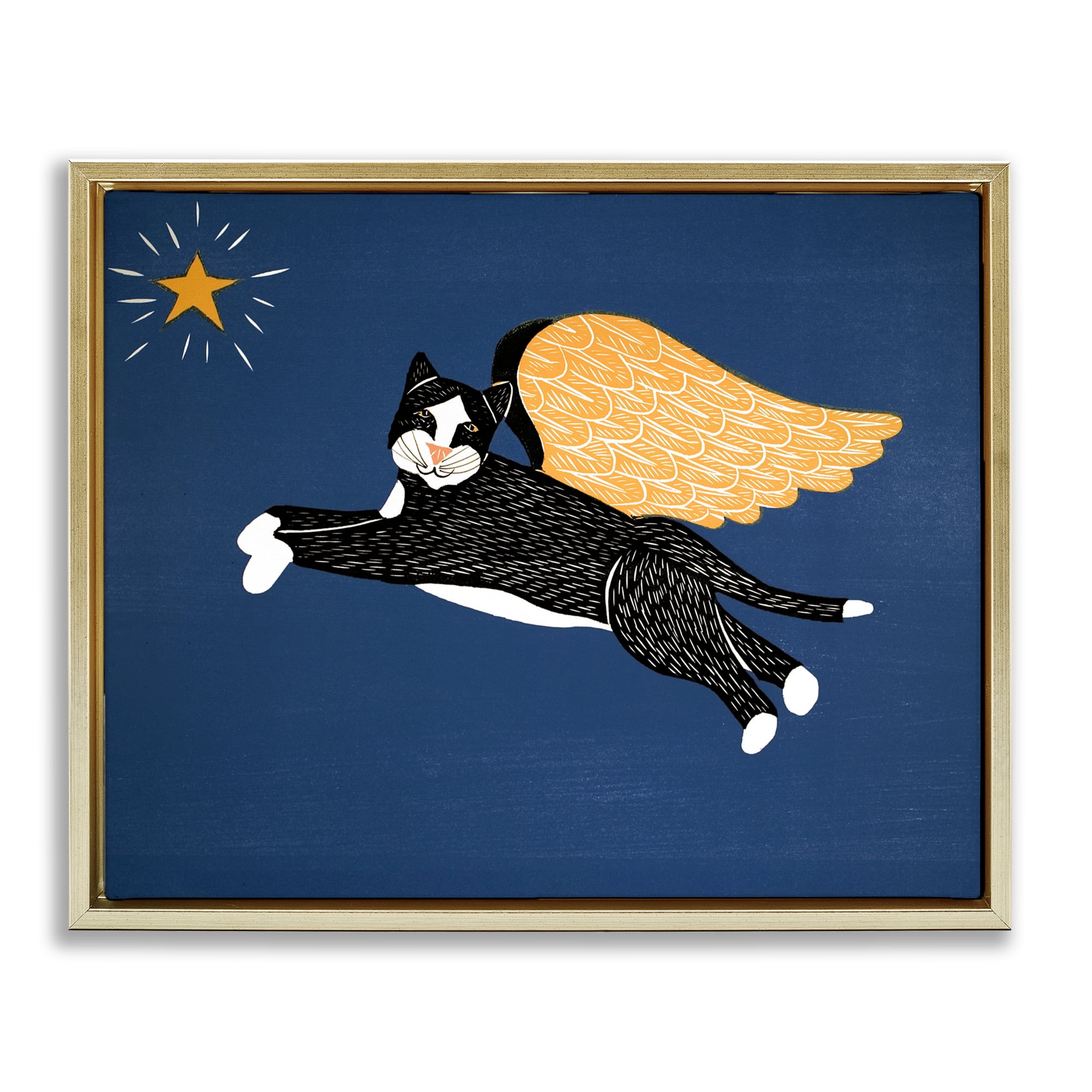 Angel Cat with Star Gold Framed Floater Canvas Wall Art, design by ...