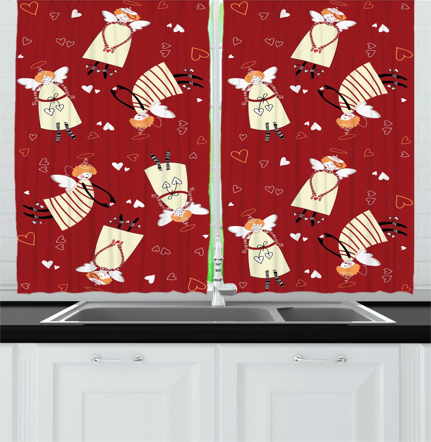 Angel Curtains 2 Panels Set, Christmas Comic Angels with Hearts ...