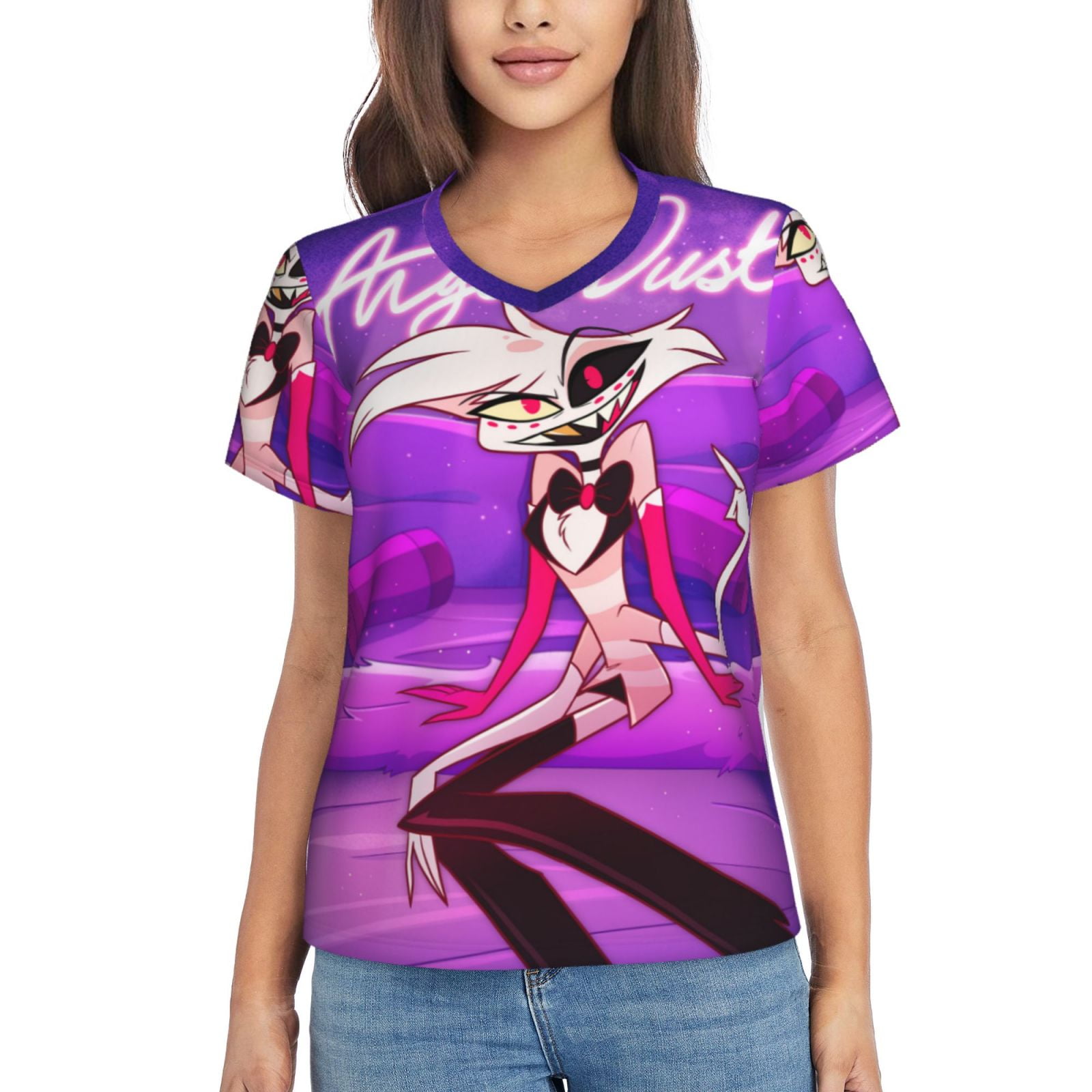 Angel Dust Hazbin Hotel Women's T Shirts V-Neck Tee Shirt Casual Short Sleeve T-Shirt Soft 3D ...