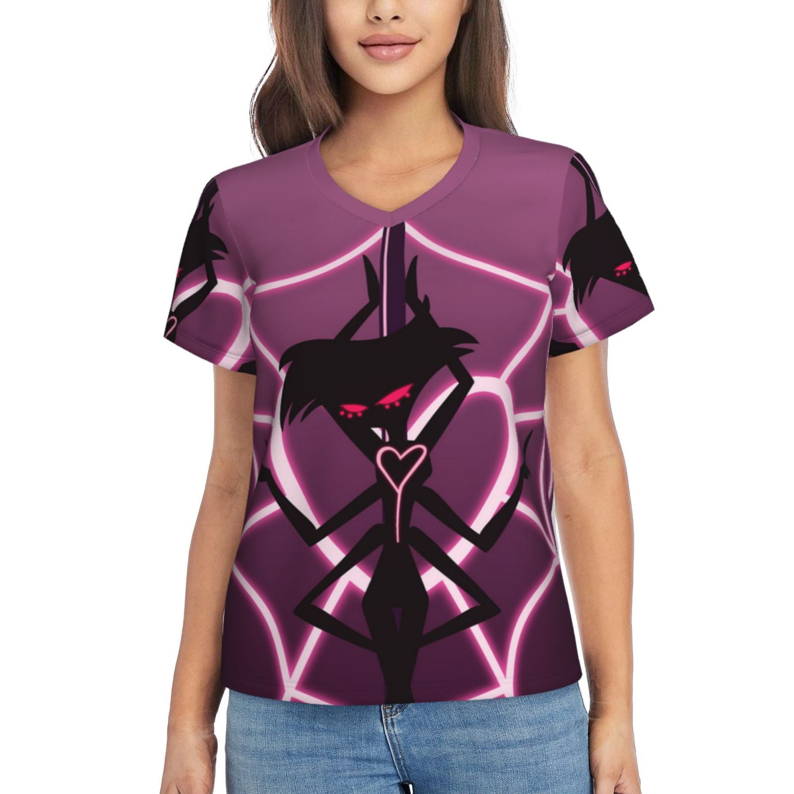 Angel Dust Hazbin Hotel Women's T Shirts V-Neck Tee Shirt Casual Short ...