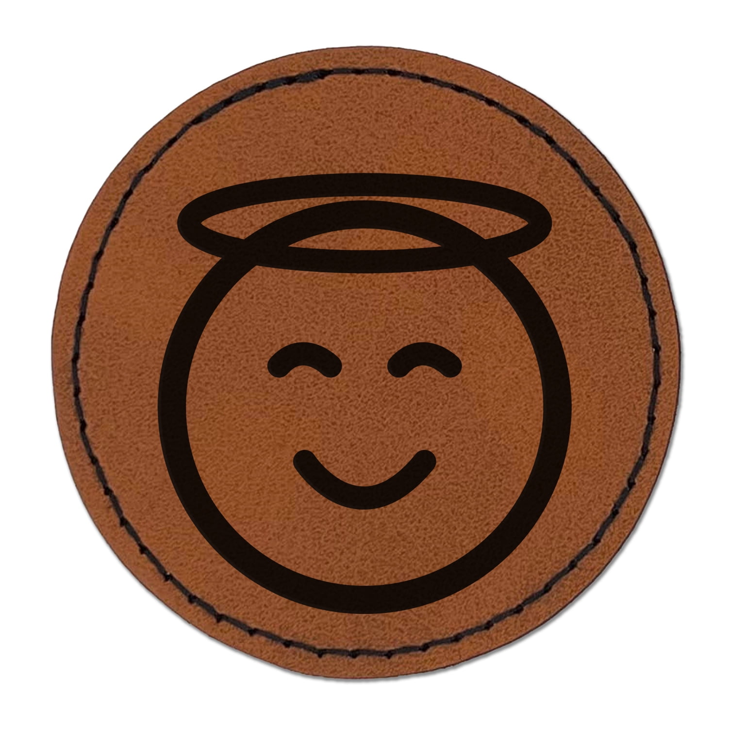 Angel Face Halo Emoticon 2.5" Faux Leather Round Engraved Iron-On Patch ...