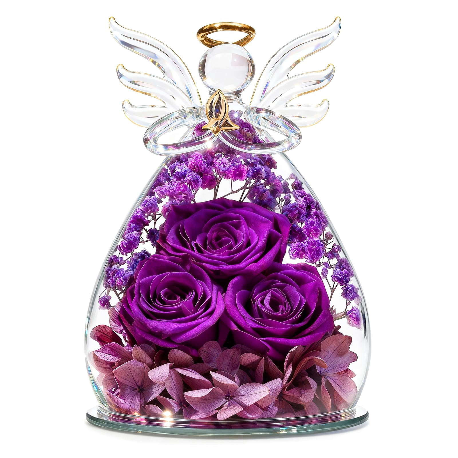 Angel Figurine with Preserved Real Roses A Purple-p Glass Home ...