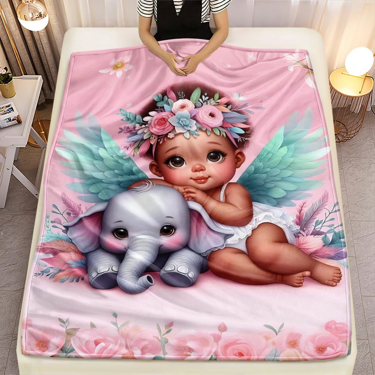 Angel Floral Elephant Print Flannel Blanket - Soft Warm 280GSM All ...