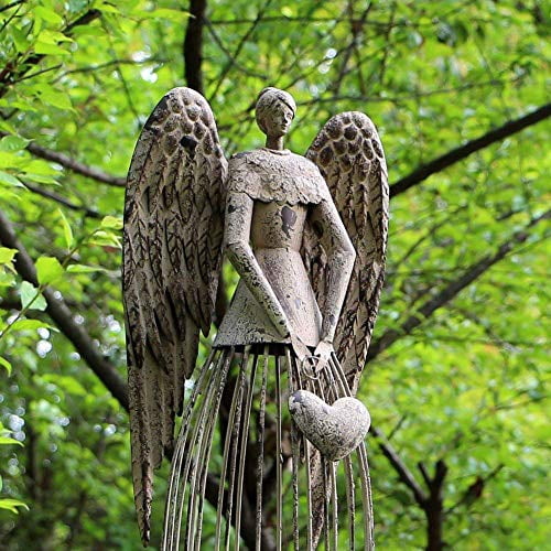 Angel Garden Statue with Heart, Outdoor Antiqued Metal Yard Art Decor ...