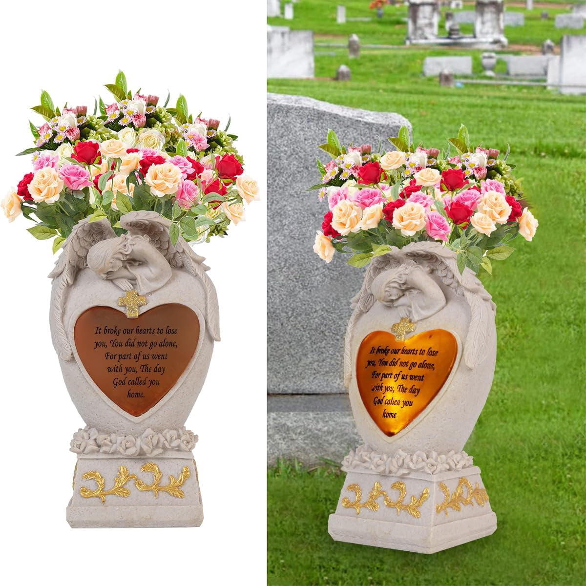 Angel Garden Statue Outdoor Decor, Cemetery Vase with LED, Family ...