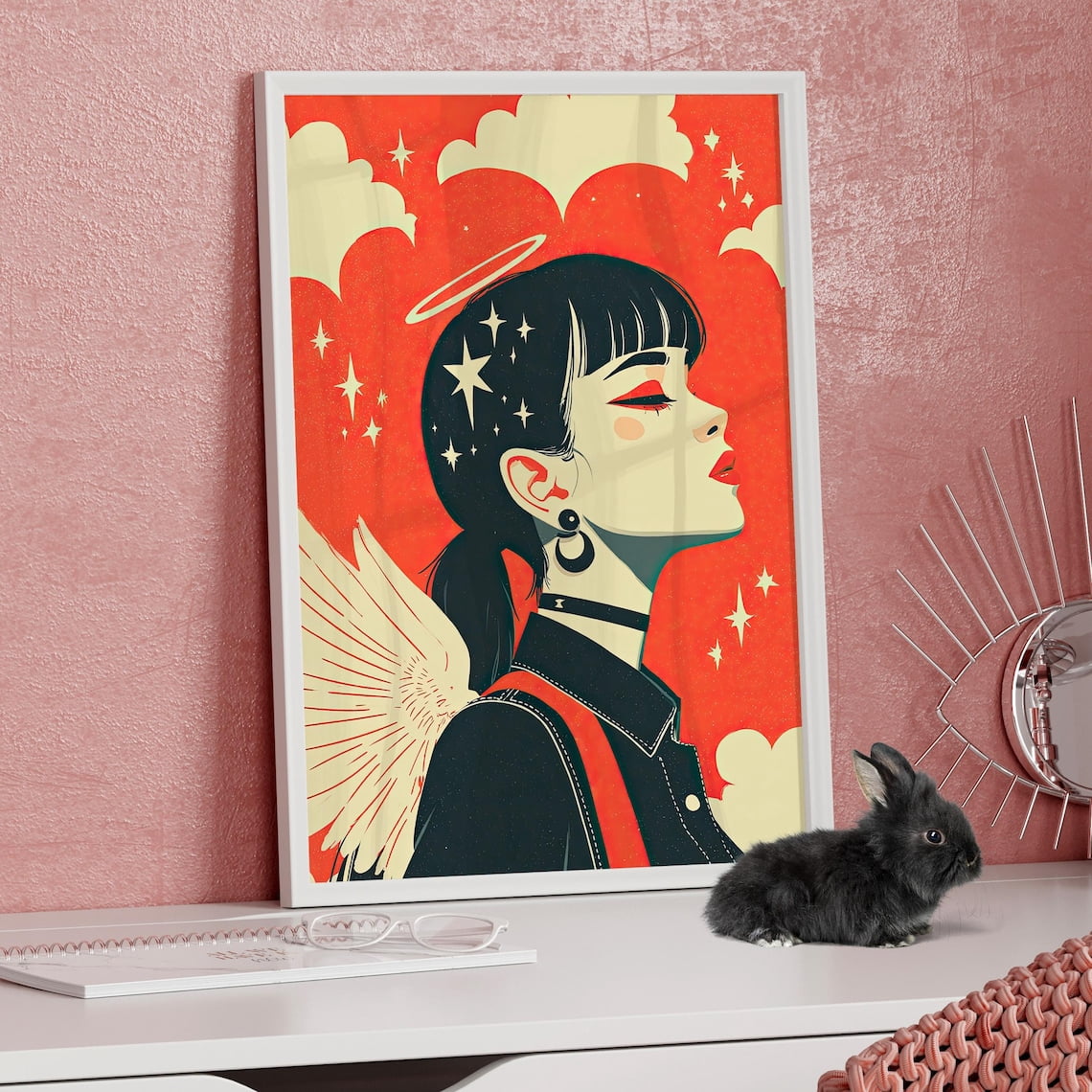 Angel Girl Anime Style Red Illustration With Halo Wings Dreamy Portrait ...