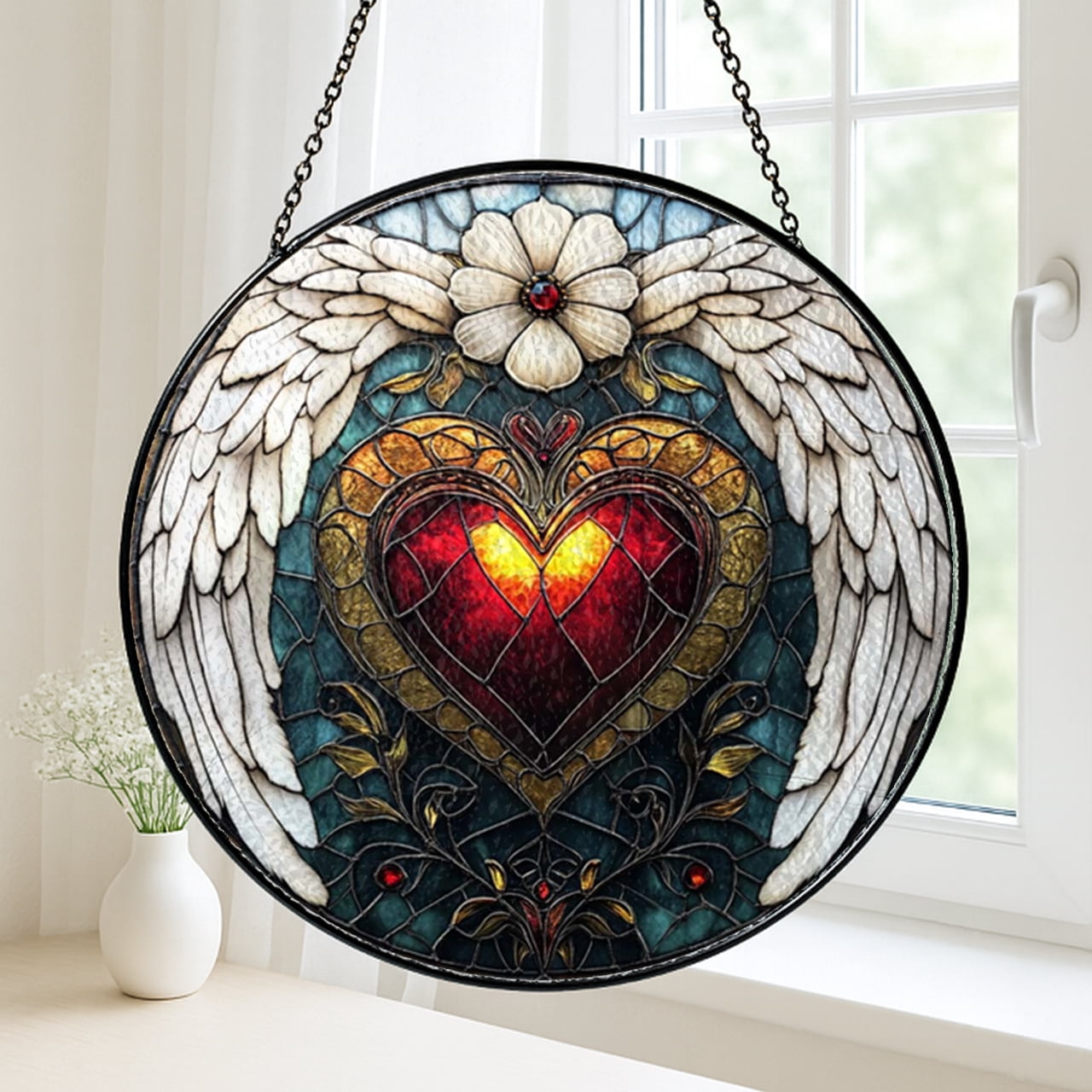 Angel Heart Window Suncatcher with Stained Glass Look, Home Window ...