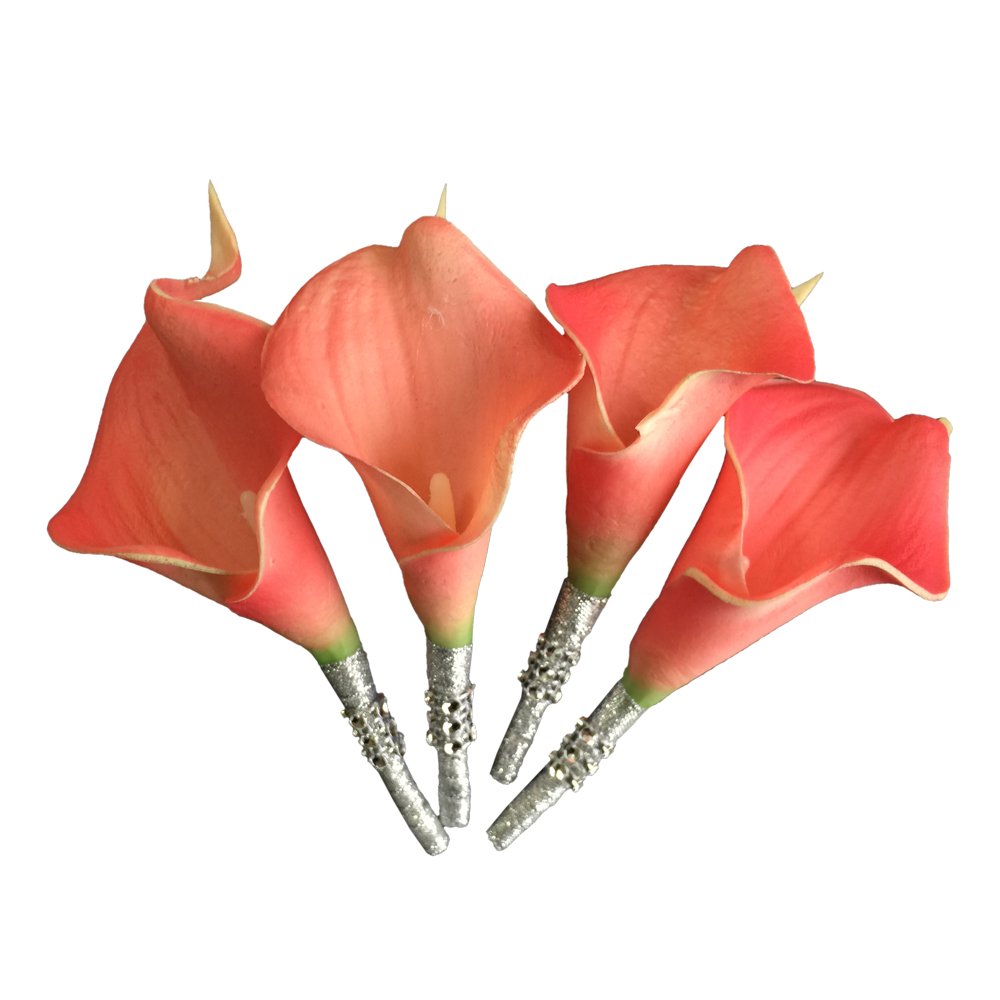 Angel Isabella 4 Boutonnieres -Coral Calla Lily with Metallic Silver ...