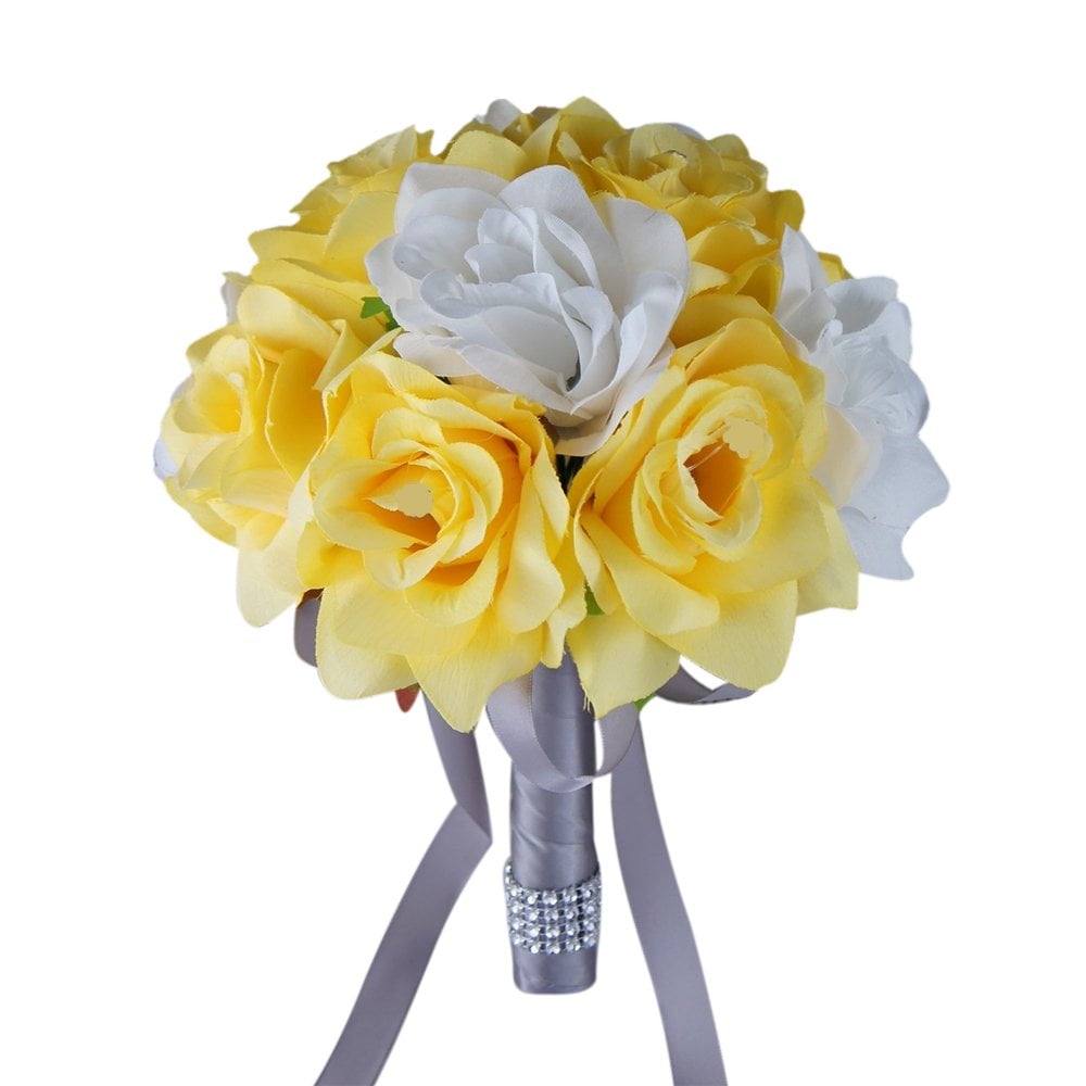 Angel Isabella 8" Bouquet-Yellow and White Open Roses with Gray Ribbon ...