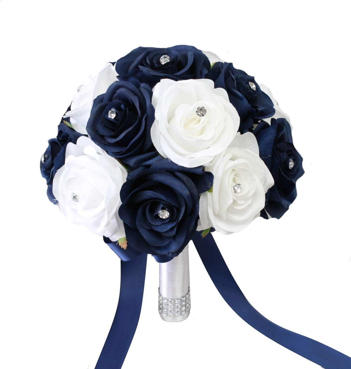 Angel Isabella 9" Bouquet-Navy Blue and White Open Roses with ...