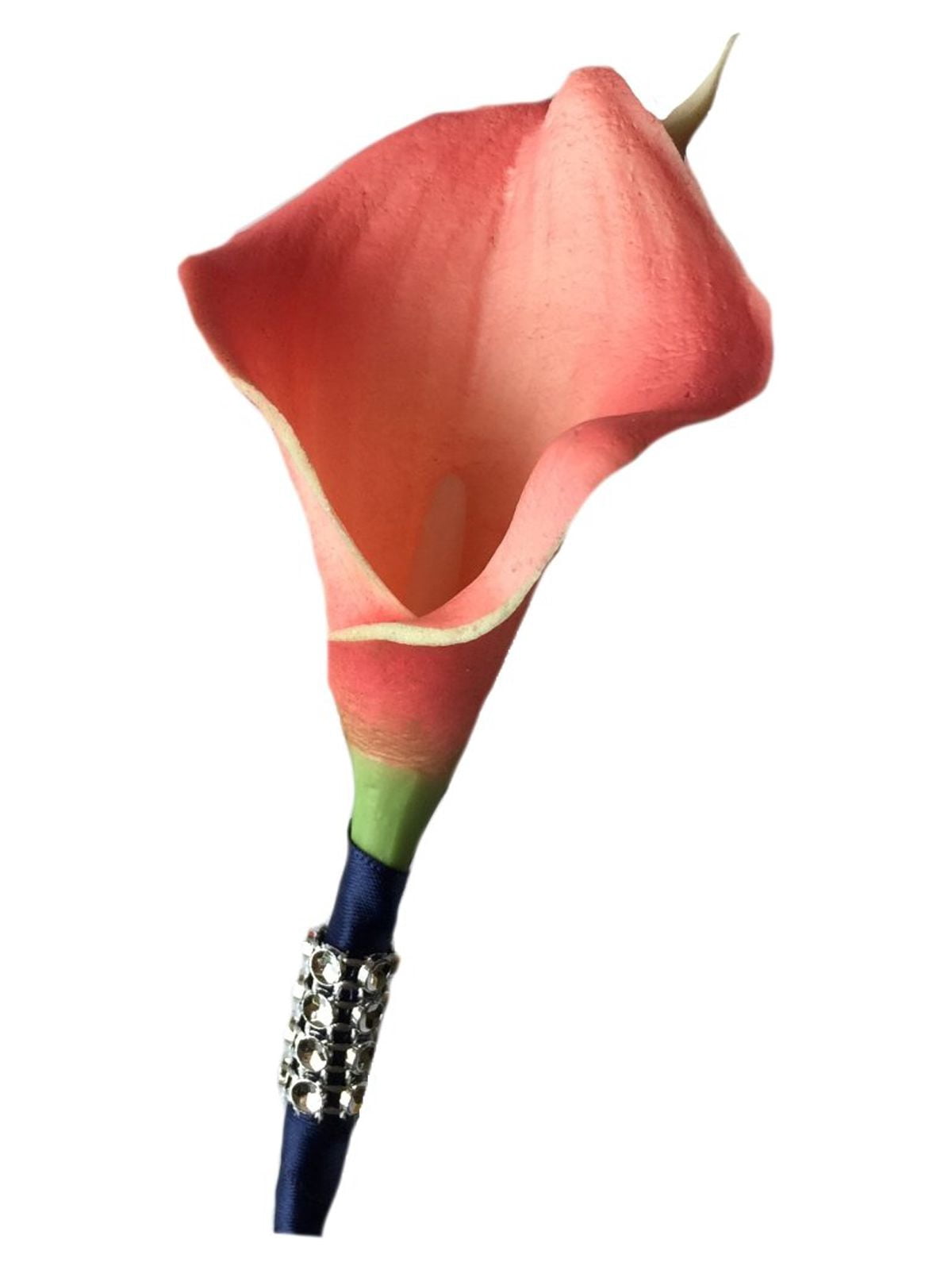 Angel Isabella Boutonniere -Coral Calla Lily with Navy Blue Ribbon.pin ...