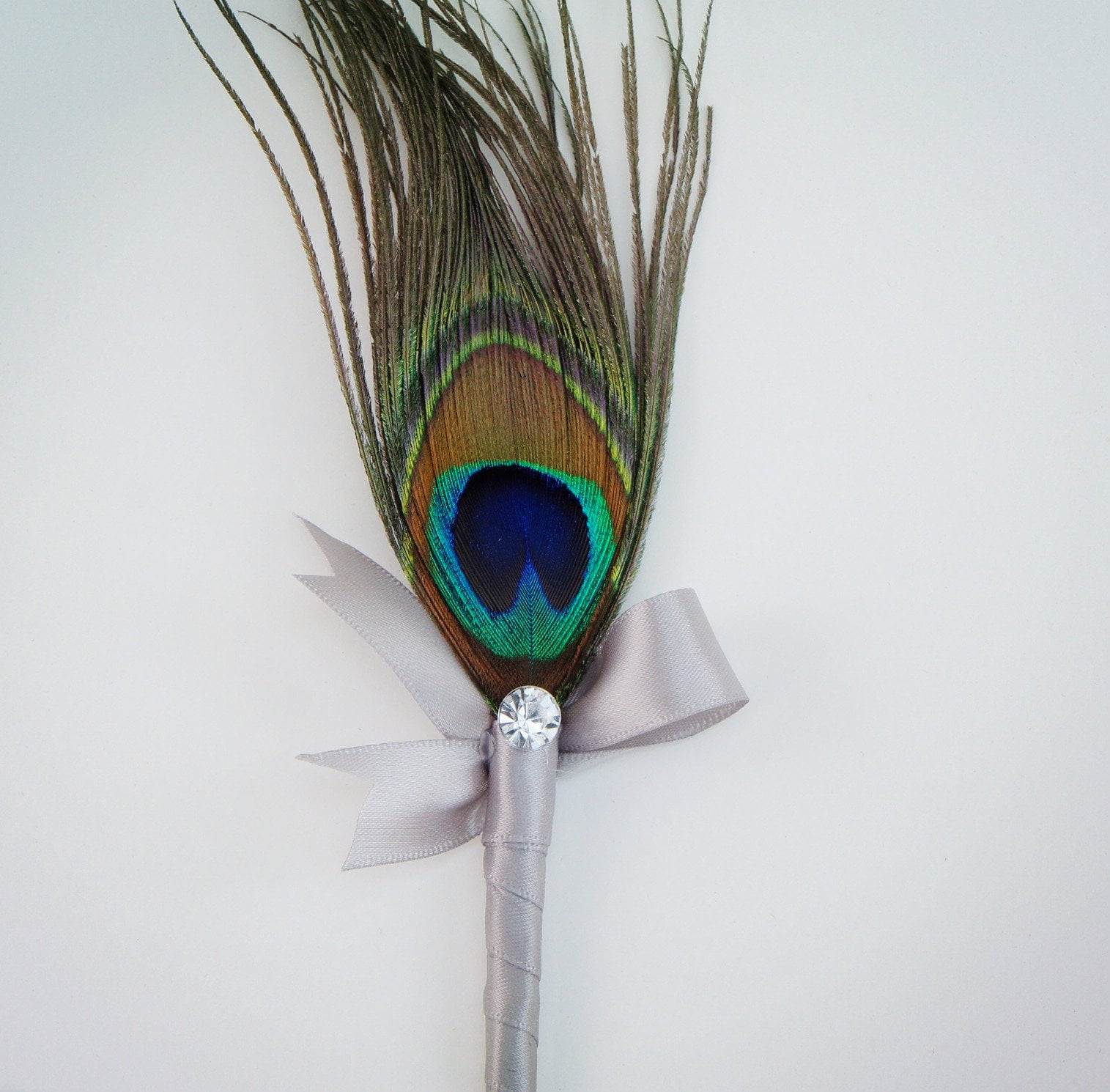 Angel Isabella Boutonniere - Peacock Feather Boutonniere - Gray Ribbon ...