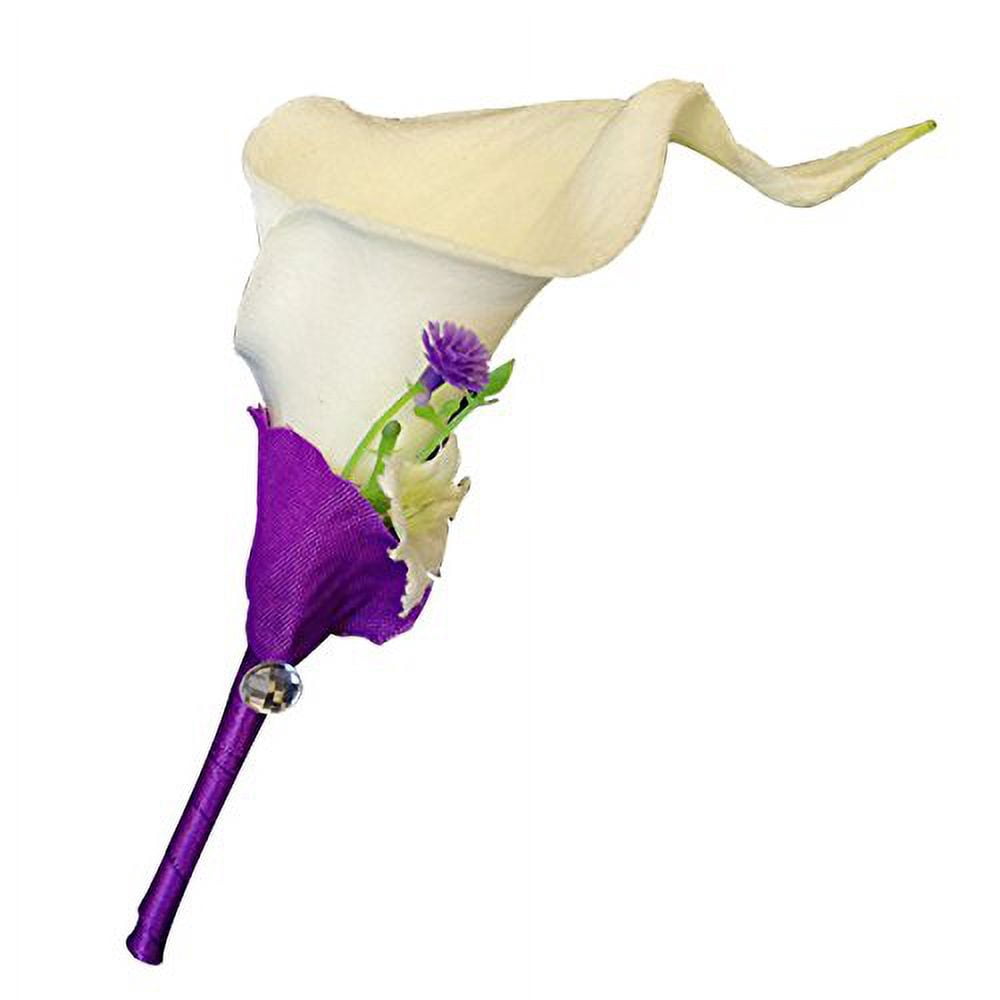 Angel Isabella Calla Lily Faux Flower Boutonniere Purple Ribbon Stem ...