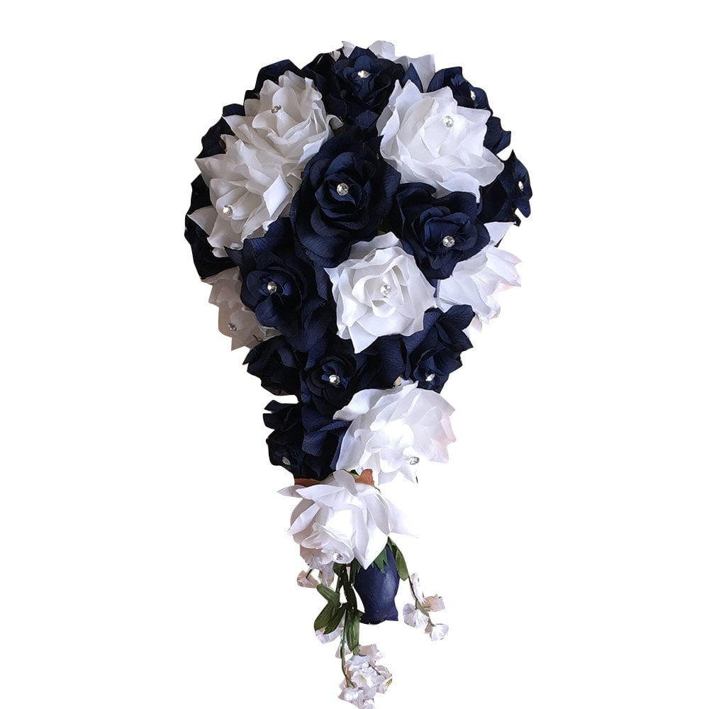 Angel Isabella Cascade Bouquet-Navy Blue White Artificial Roses with ...