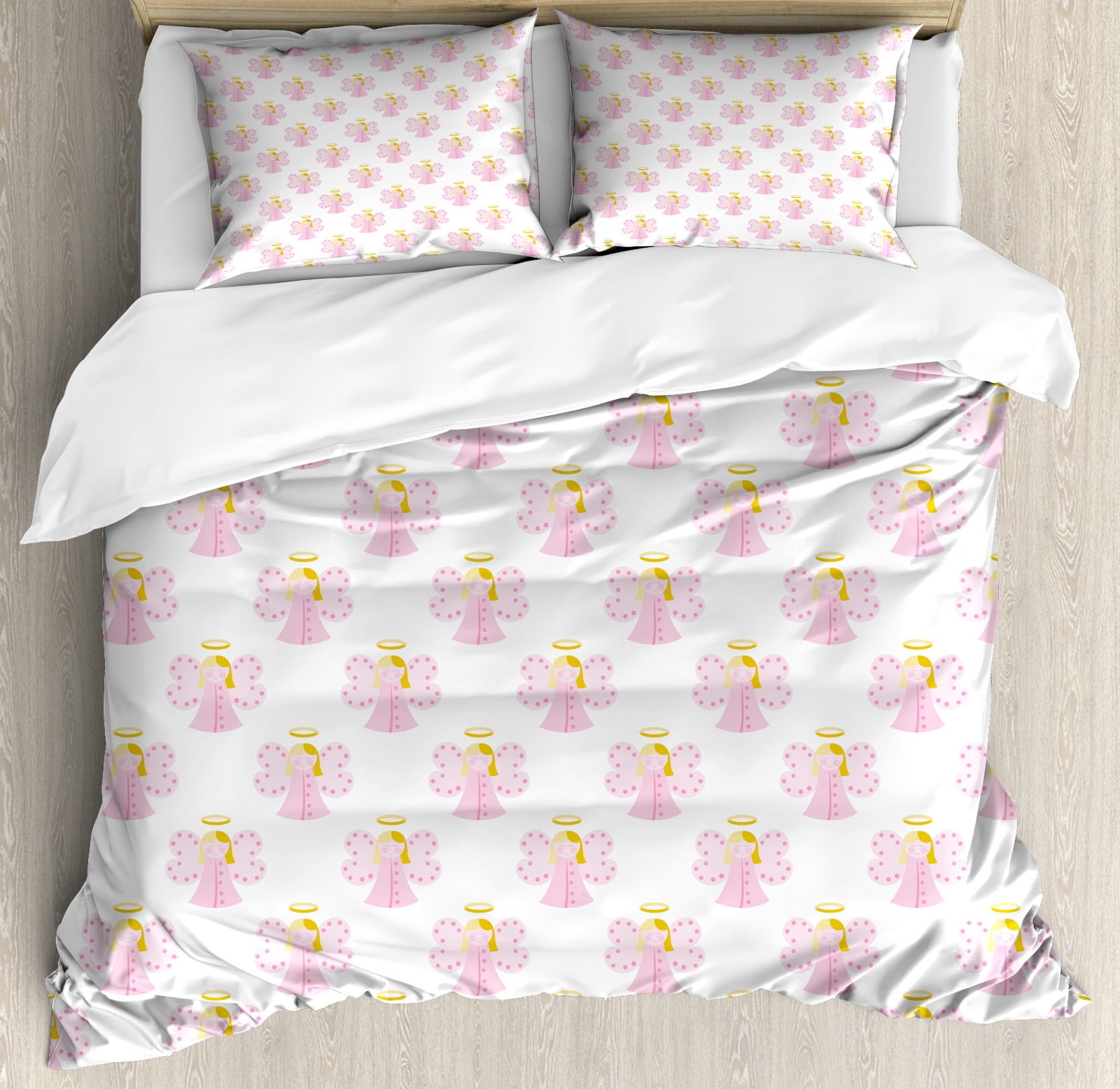 Angel King Size Duvet Cover Set, Cute Angels Spiritual Wing Girl with ...