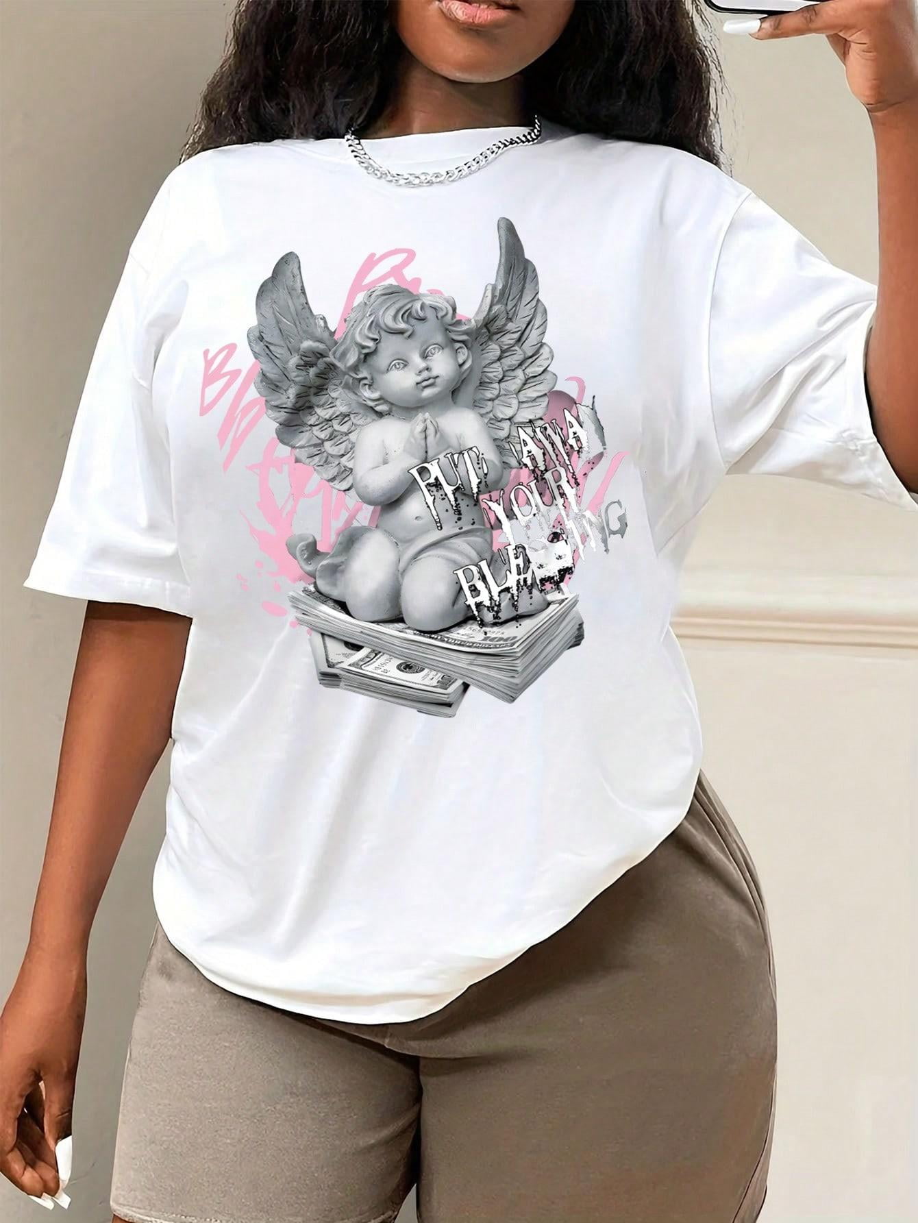 Angel Letter Printed Short Sleeve T-Shirt Graphic Tees Women Tops ...