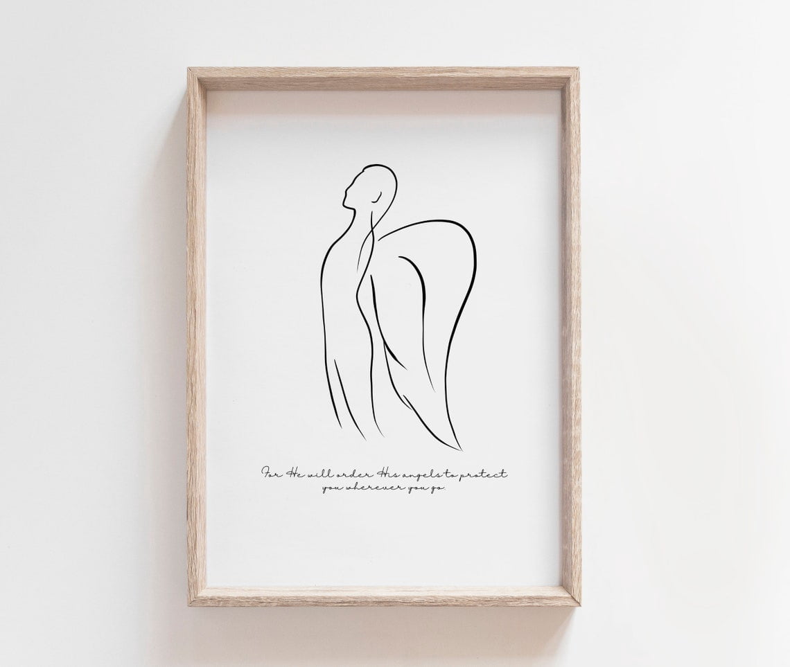 Angel Line Art Psalm 91 Print Bible Verse Religious Wall Art Stretched ...