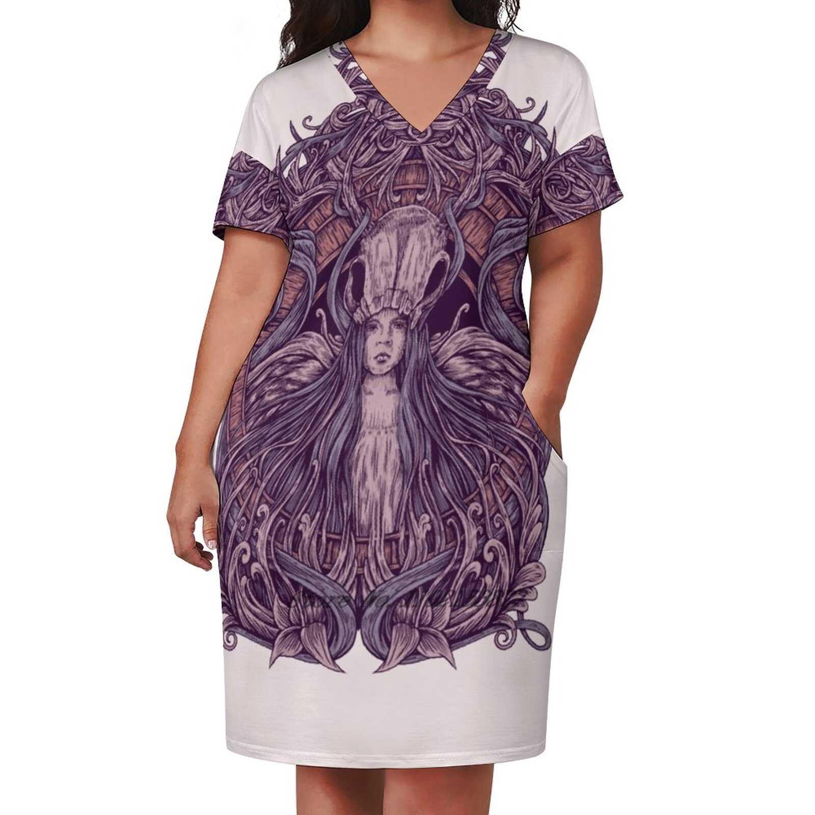 Angel Loose Pocket Dress Print Short Sleeve Dresses V-Neck Dress 5Xl ...