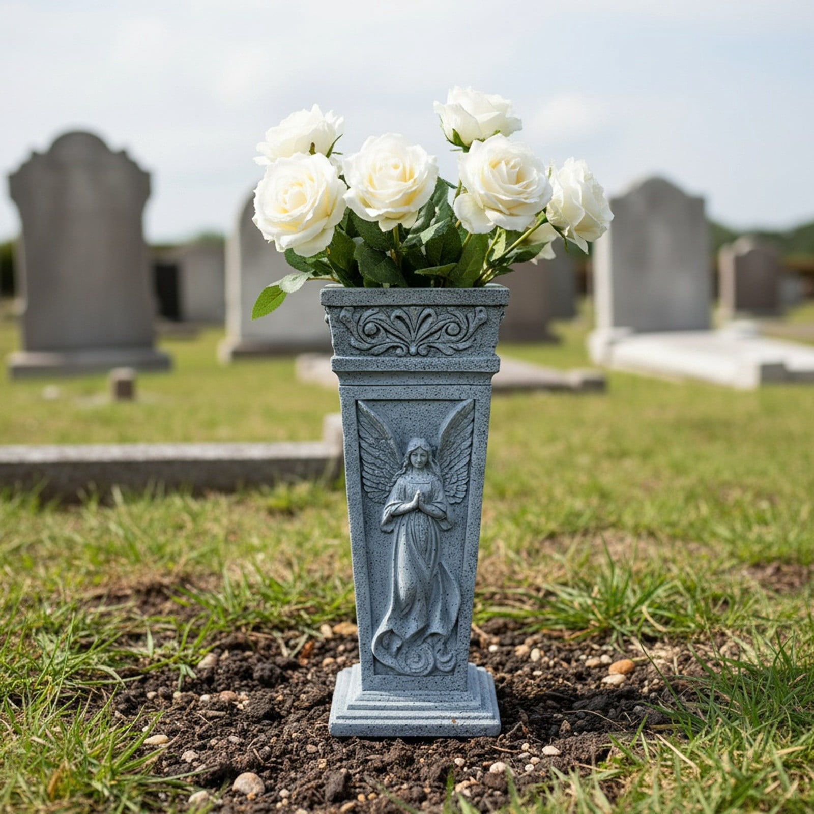 Angel Memorial Cemetery Vase with Stake Stone-like Resin Grave Planter ...