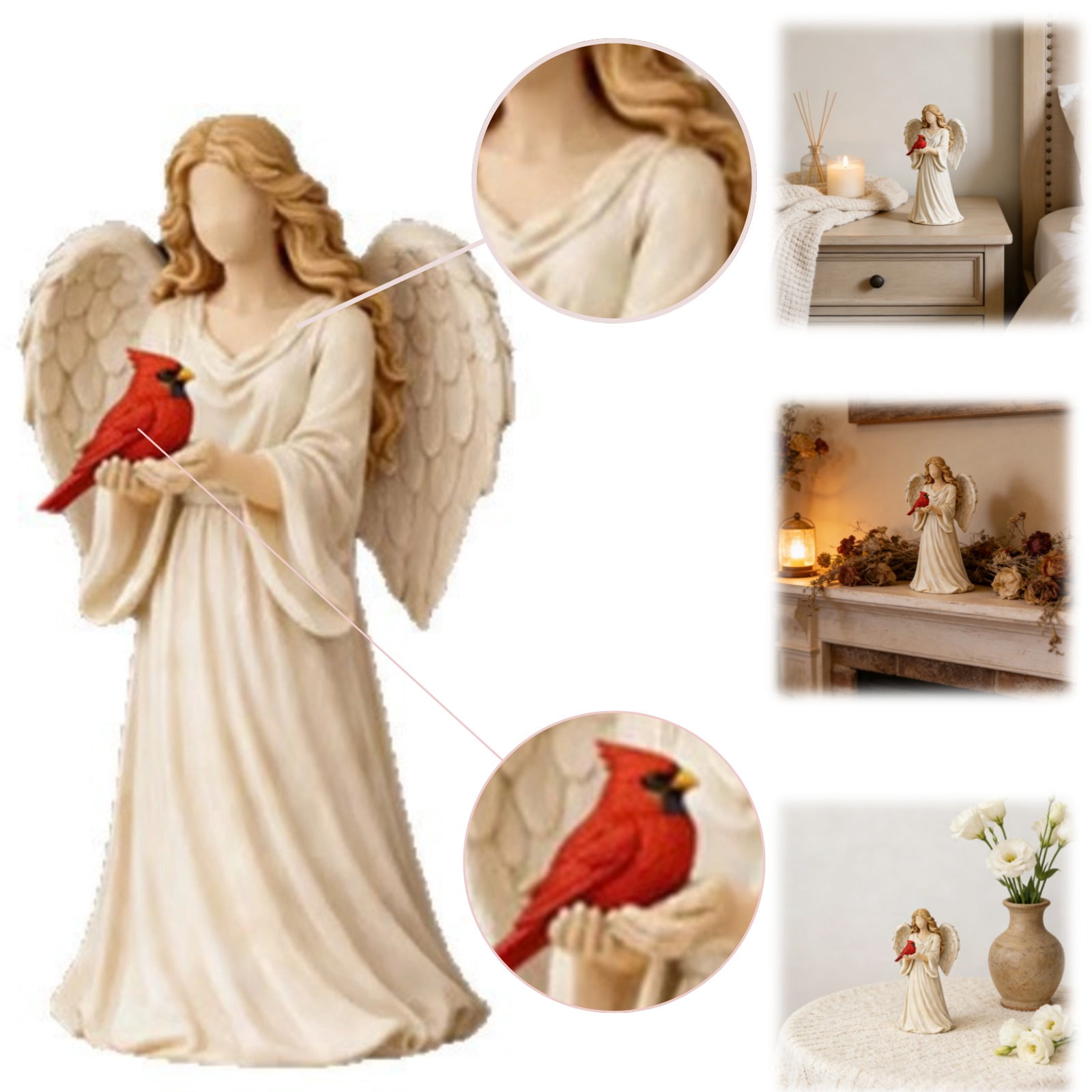 Angel Resin Figurine with Cardinal Bird, Serene Religious Home Decor ...