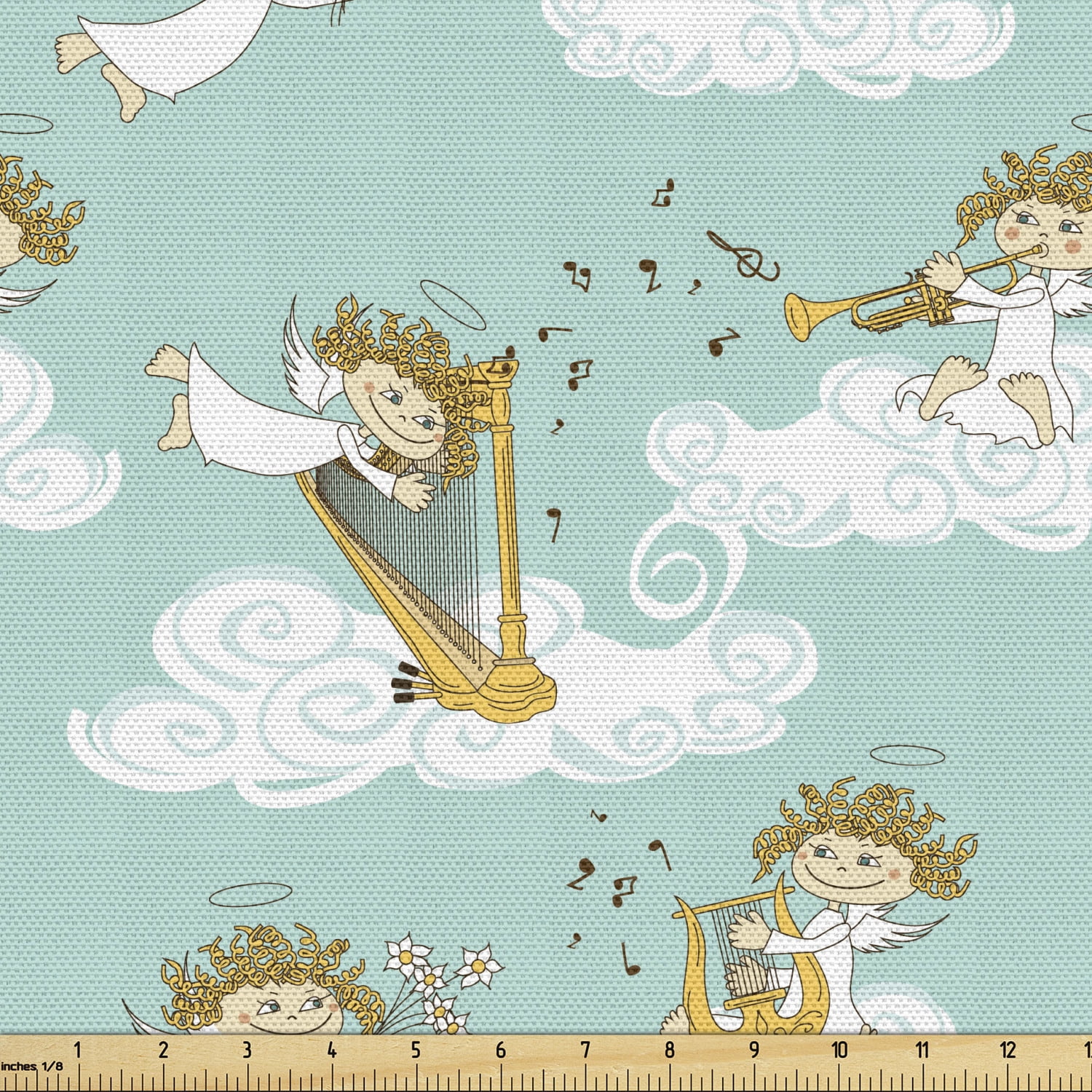 Ambesonne Cartoon Fabric by the Yard Upholstery, Harp in Sky Print ...