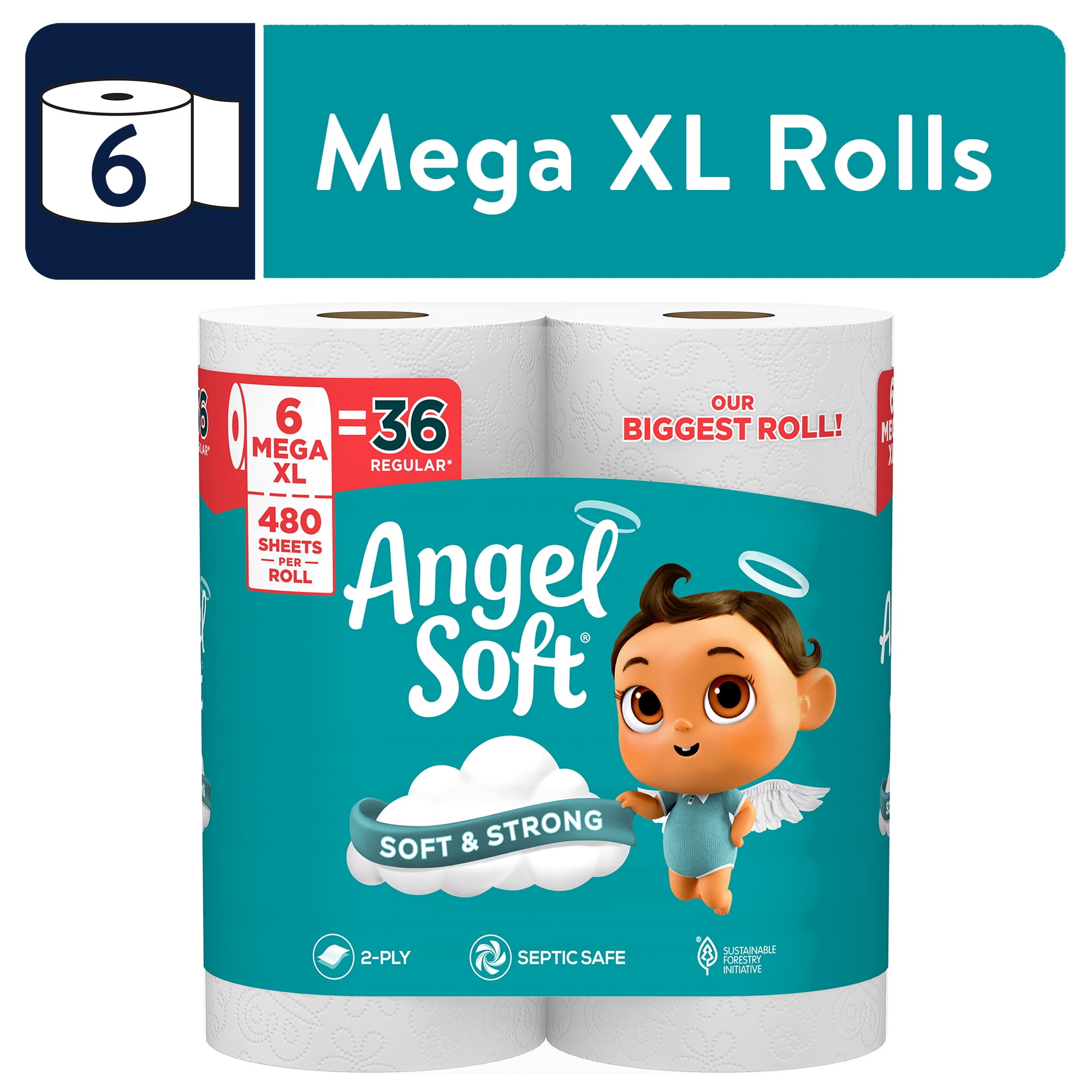 Angel Soft, Toilet Paper, 2-Ply, 6 Mega XL Rolls, 480 Sheets Per Roll ...