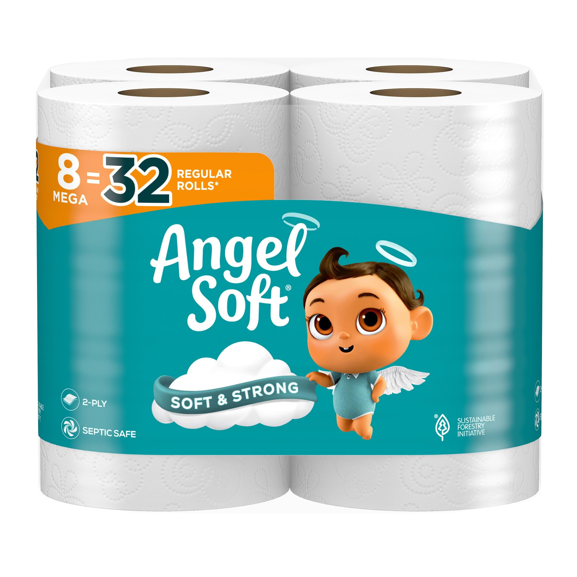 Angel Soft Toilet Paper, 8 Mega Rolls = 32 Regular Rolls, Soft and Strong Toilet Tissue ...