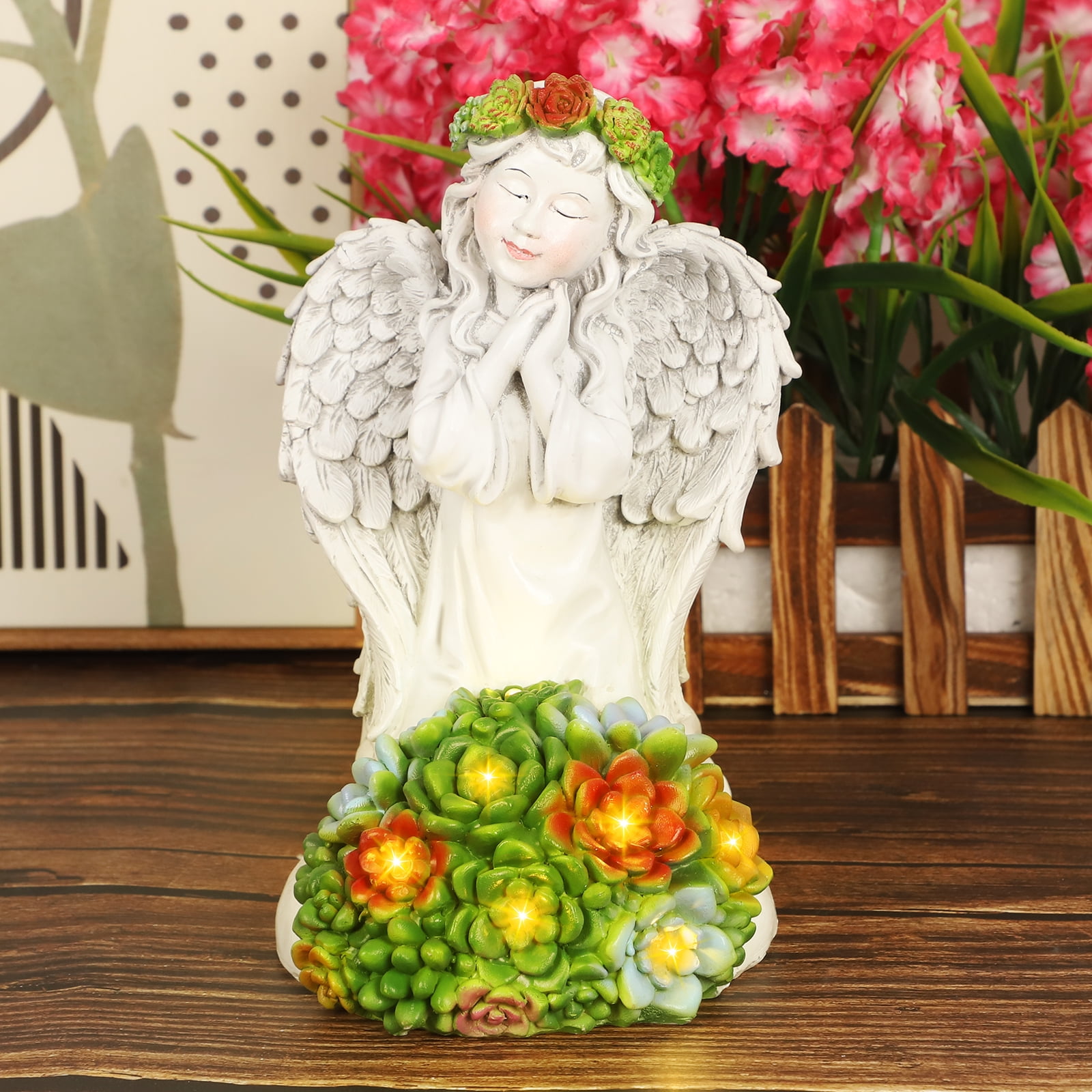 Angel Solar Garden Outdoor Statues with Succulent Plants and 6 LED ...