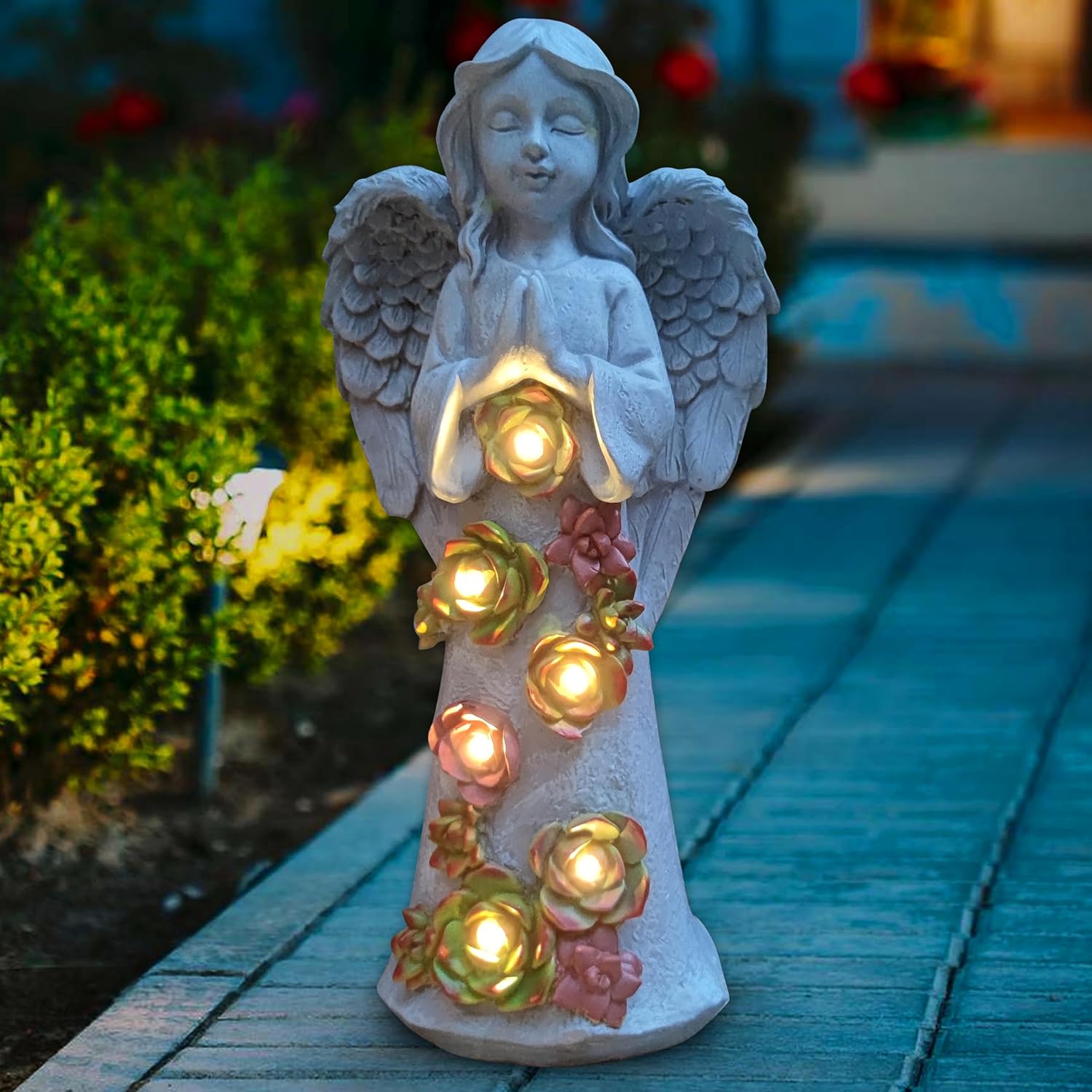 Angel Solar Garden Outdoor Statues with Succulent Plants and 6 LED ...