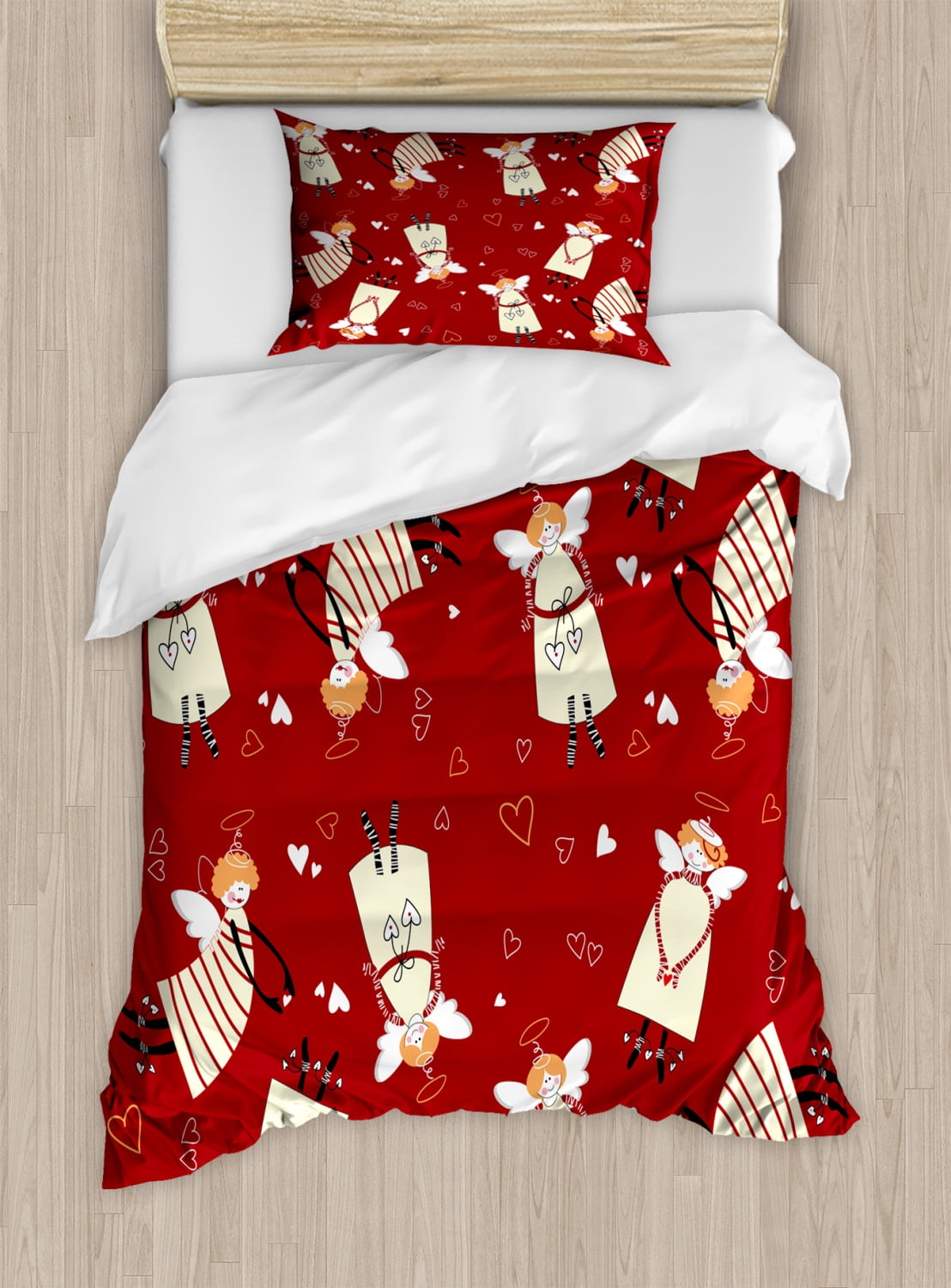 Angel Twin Size Duvet Cover Set, Christmas Comic Angels with Hearts ...