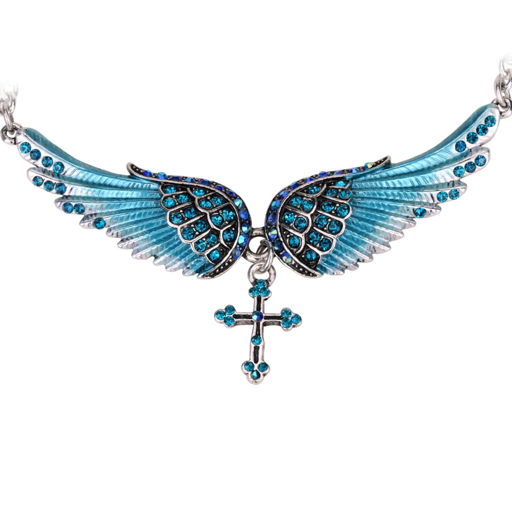 Angel Wing Cross Adjustable Choker Necklace for Women 18" + 2" Biker ...