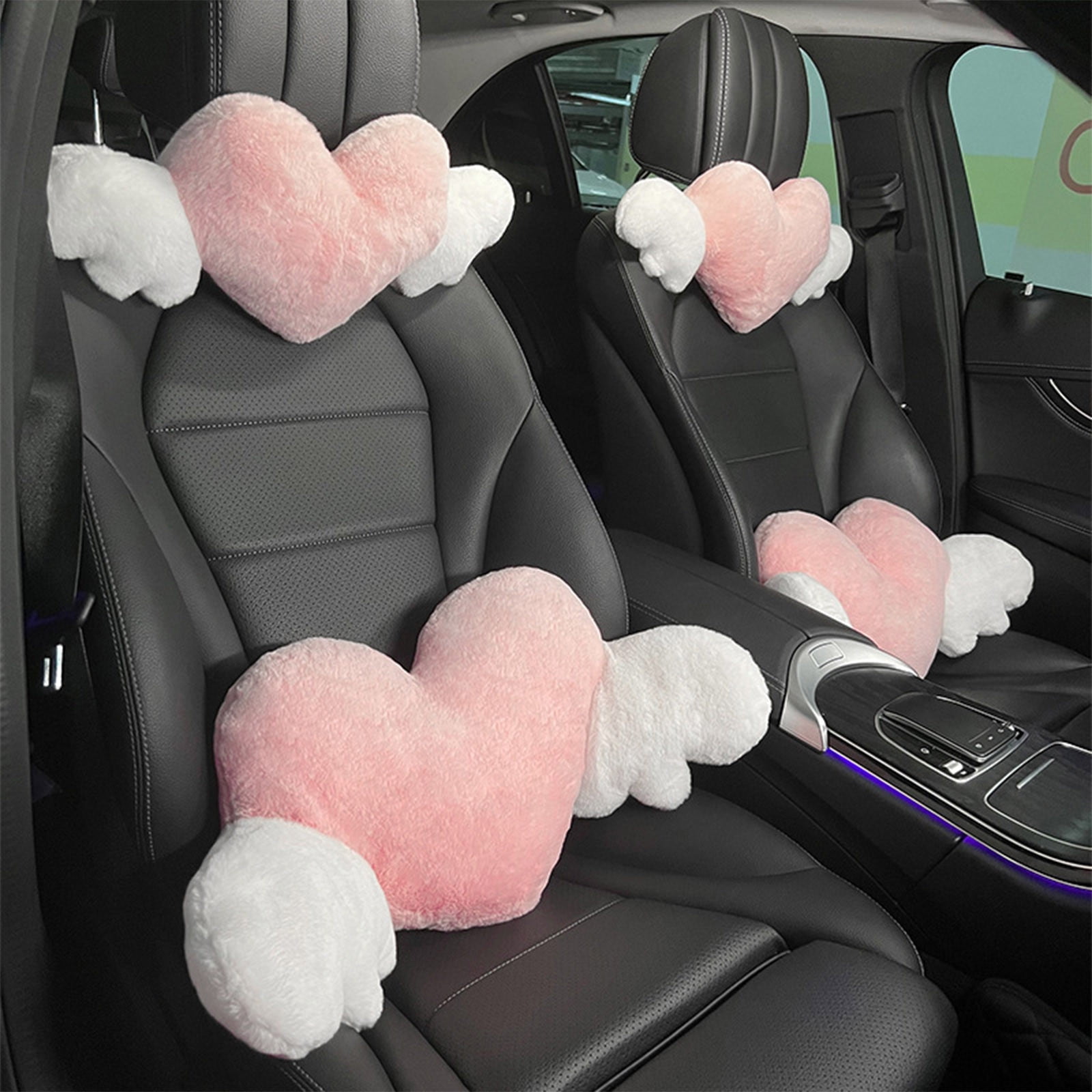 Angel Wing Heart Shaped Cute Car Headrest Lumbar Pillow 2pc, Pink Love ...