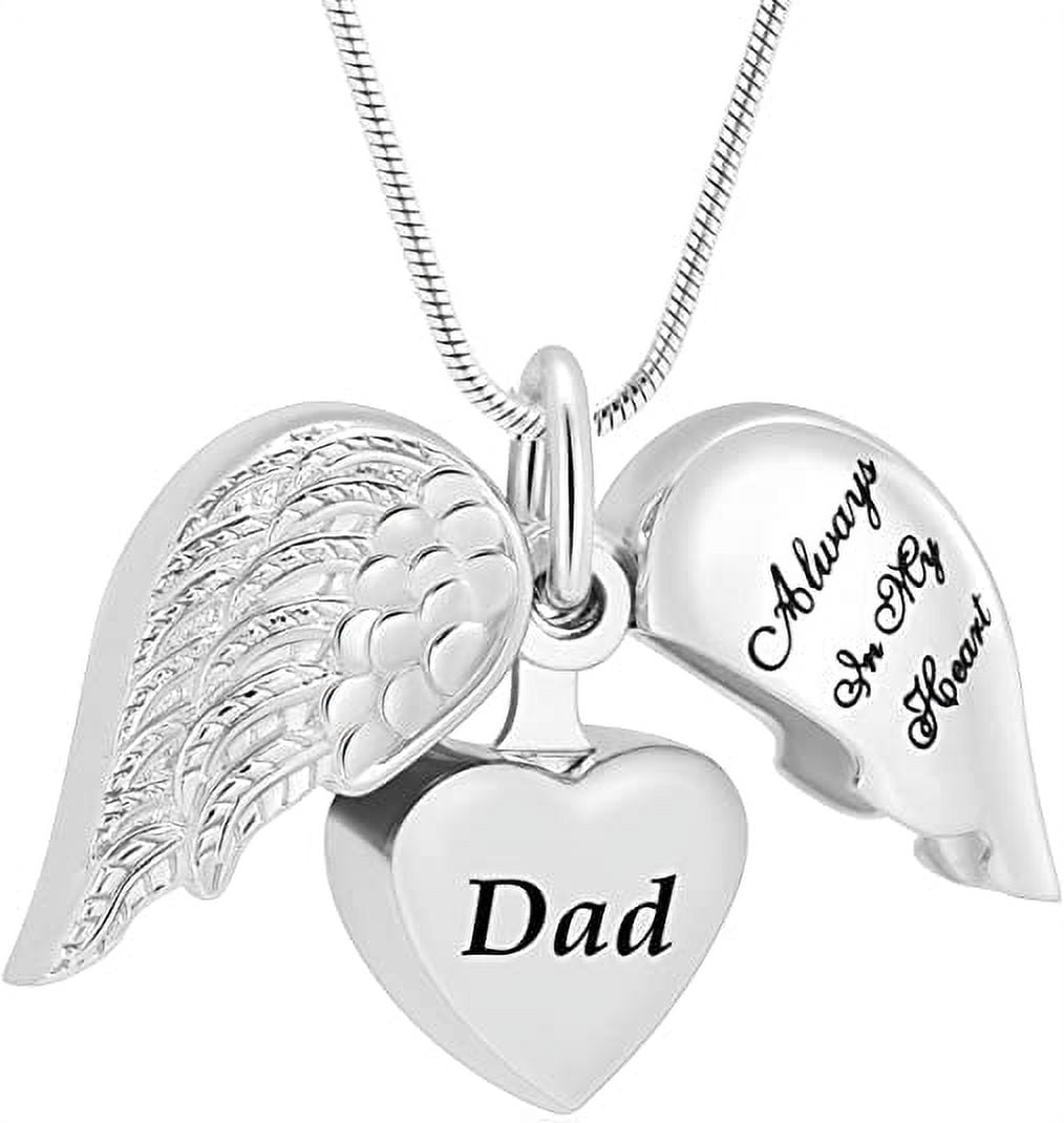 Angel Wing Heart Urn Necklace for Ashes Forever in My Heart Pendant Cremation Necklace Stainless Steel Ashes Jewelry for Dad Mom Papa Husband Wife