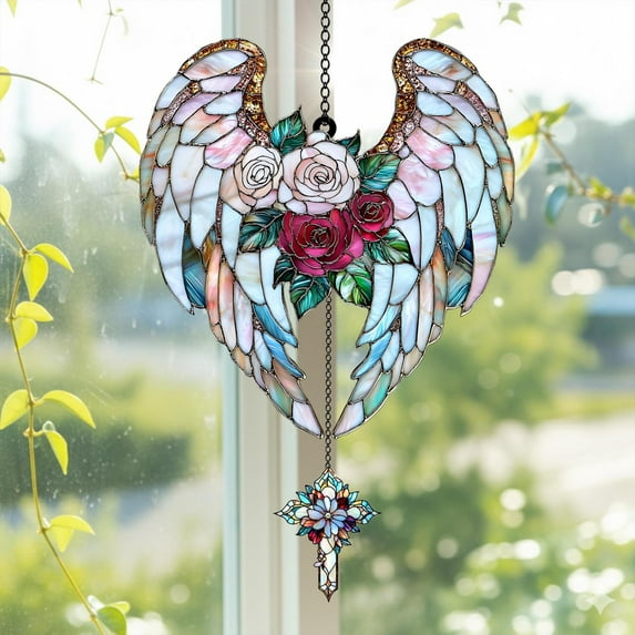 Angel Wings Acrylic Suncatcher And Ornament, Rose Cross Faux Stained ...