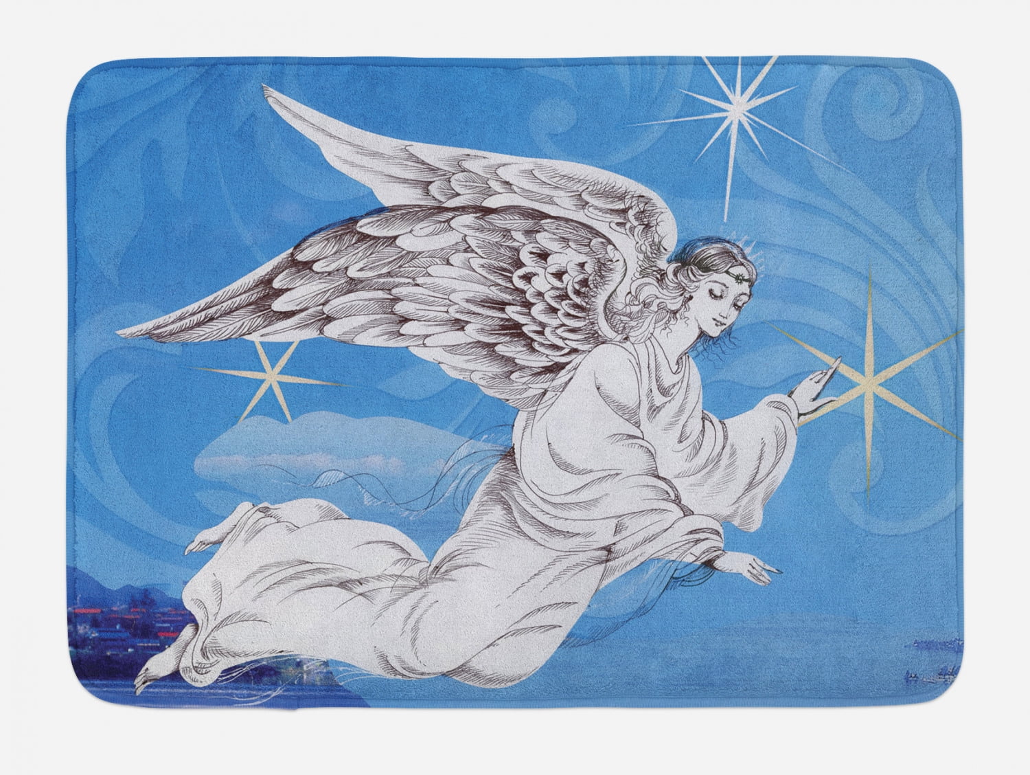 Angel Wings Bath Mat, Angel Virgo Flying Above Merry Christmas Stars ...