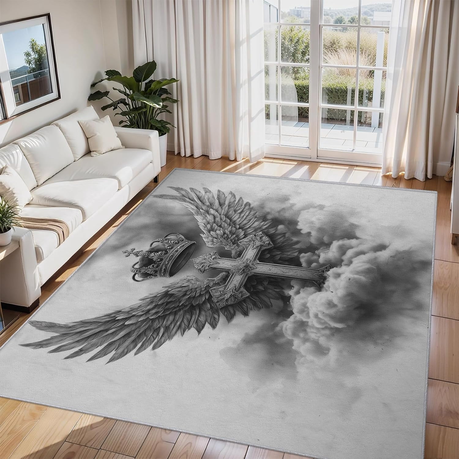 Angel Wings Cross Crown Area Rug, Religious Christian Faith Design ...