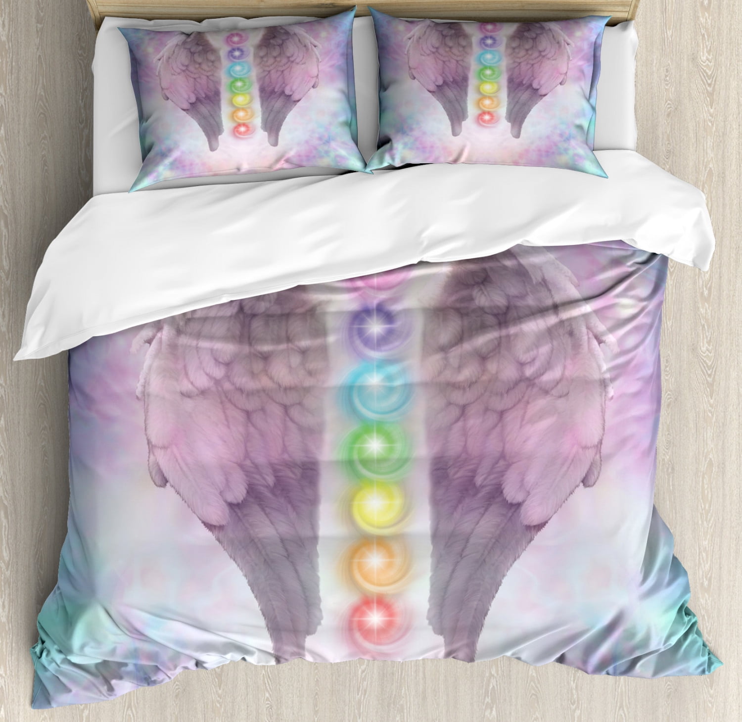 Angel Wings Duvet Cover Set King Size, Angelic Sacred Chakras Archaic ...