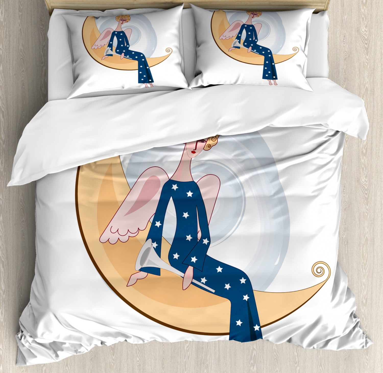 Angel Wings Duvet Cover Set Queen Size, Archaic Woman with Trumpet ...