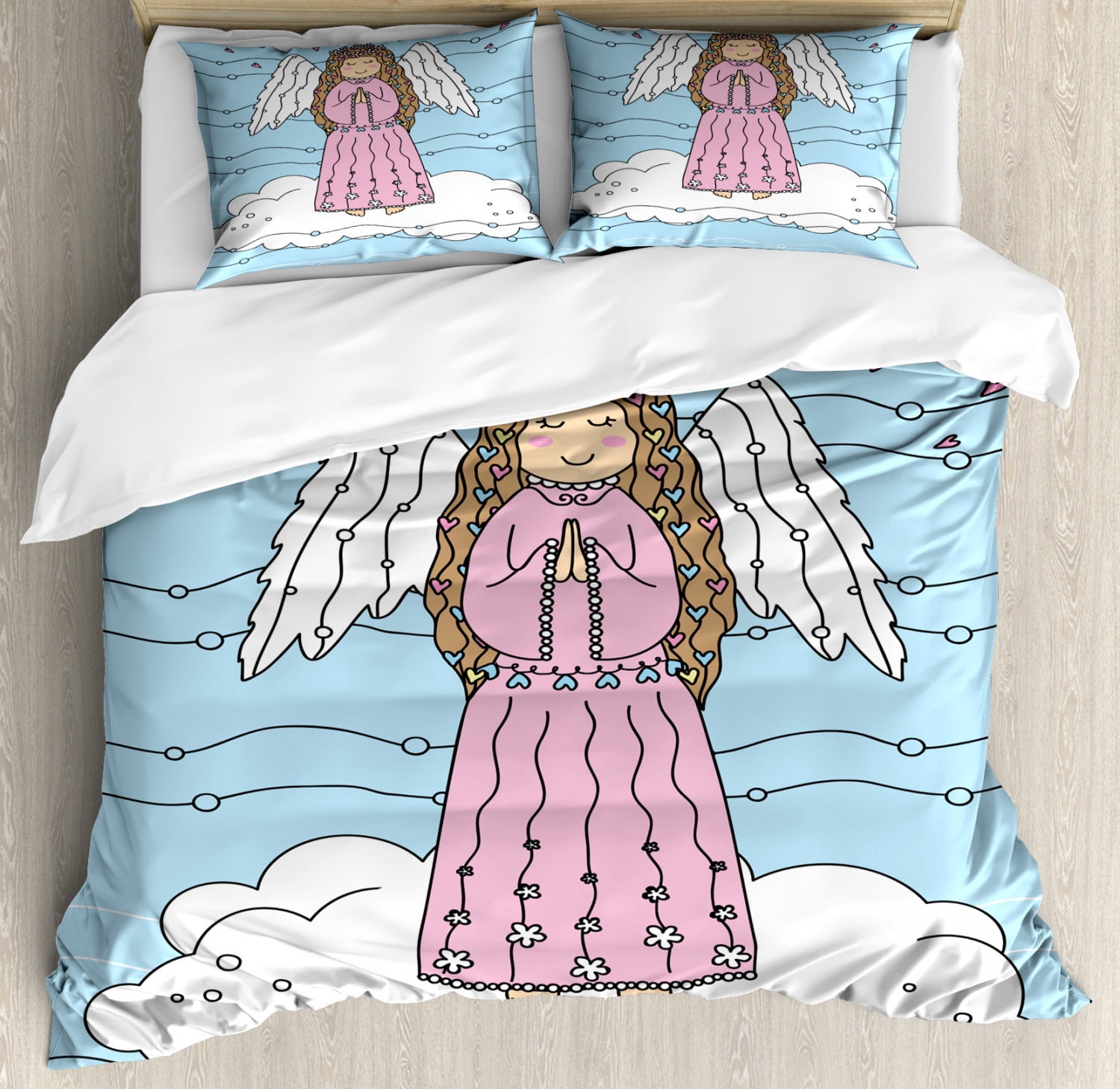 Angel Wings Duvet Cover Set Queen Size, Girl on Clouds Praying for Love ...