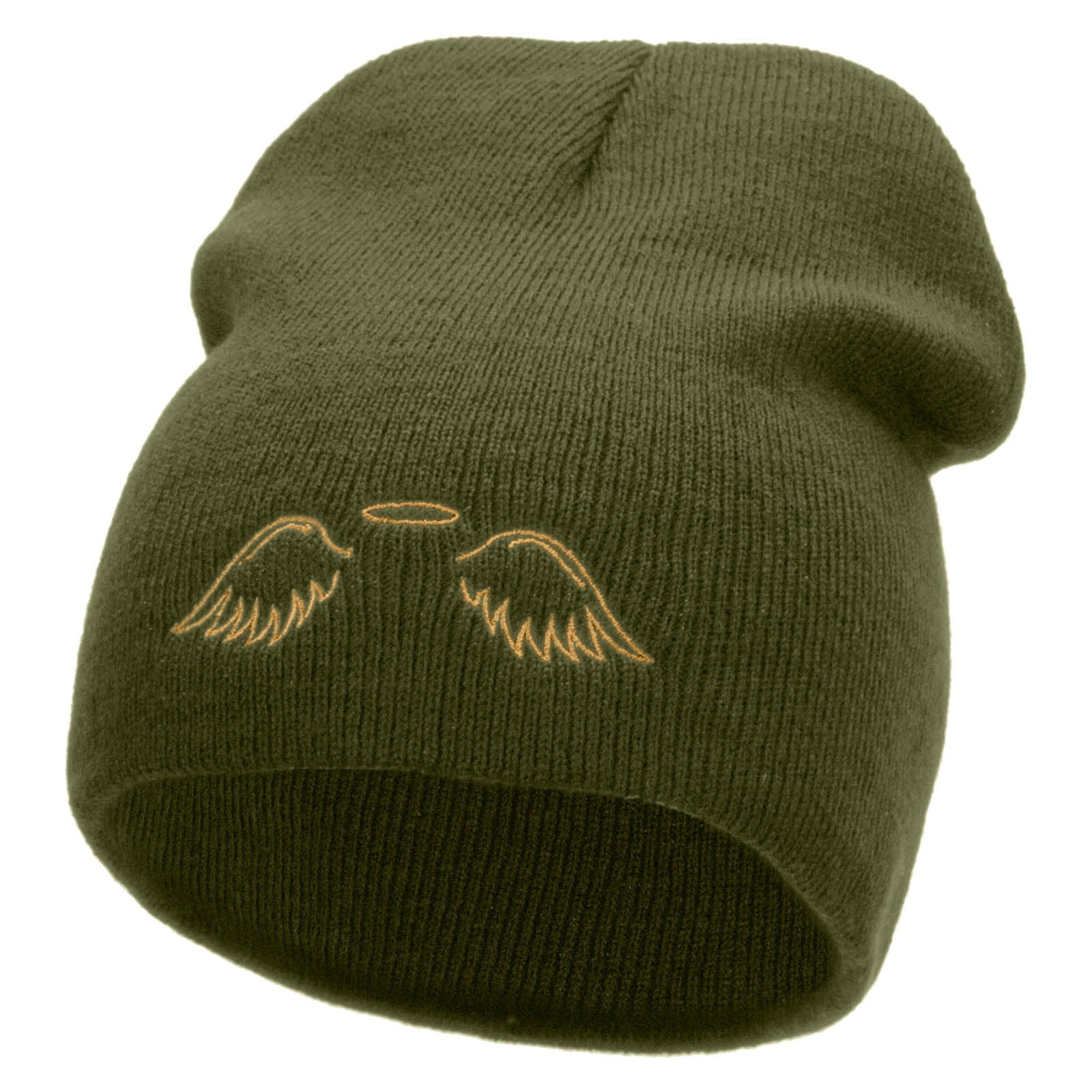 Angel Wings Embroidered 8 inch Acrylic Short Blank Beanie - Olive OSFM ...