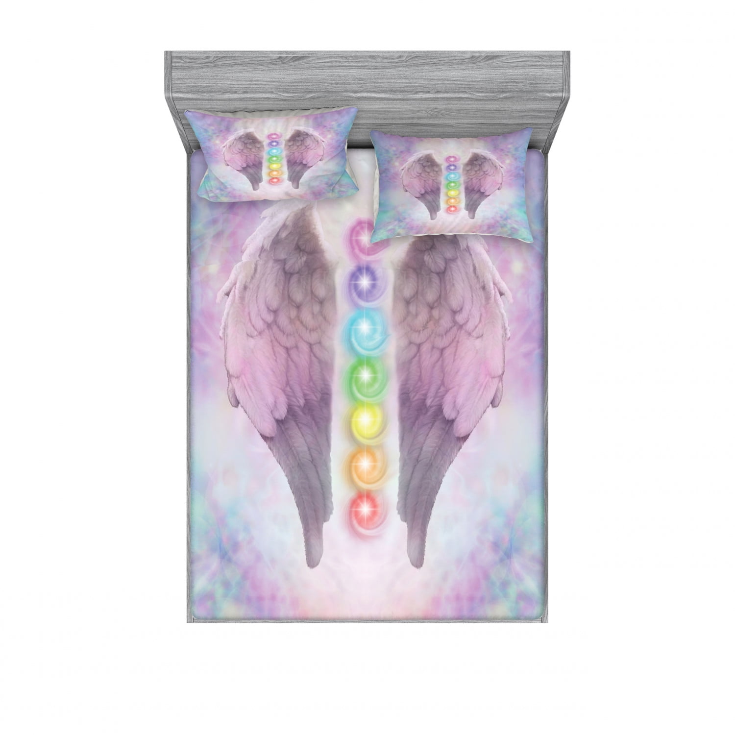 Angel Wings Fitted Sheet & Pillow Sham Set, Angelic Chakras Yoga ...