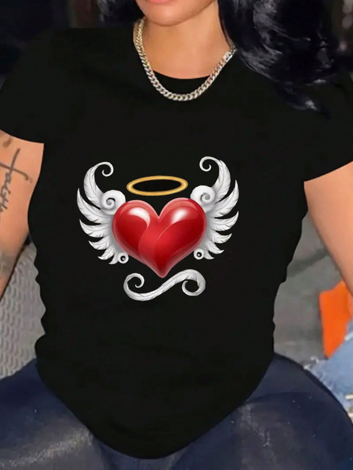 Angel Wings Halo Heart Valentine's Day Women Short Sleeve Casual T ...