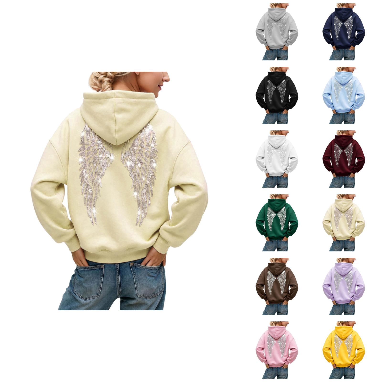 Angel Wings Hoodies for Women Long Sleeve Casual Y2k Glitter Rhinestone ...