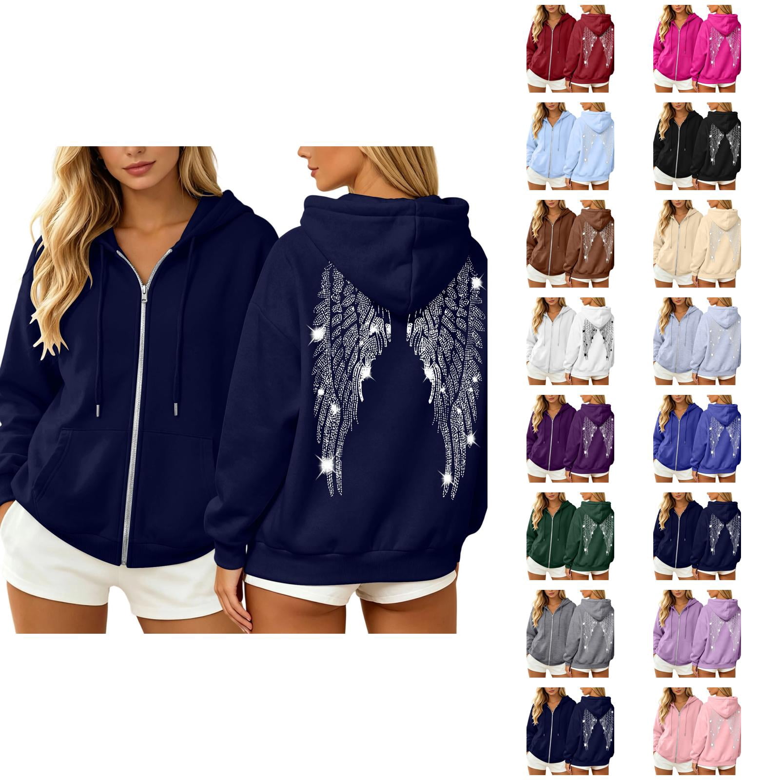 Angel Wings Hoodies for Women Long Sleeve Casual Y2k Glitter Rhinestone ...