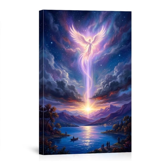 Angel With Glowing Wings Over Mountain Lake Fantasy Starry Night ...