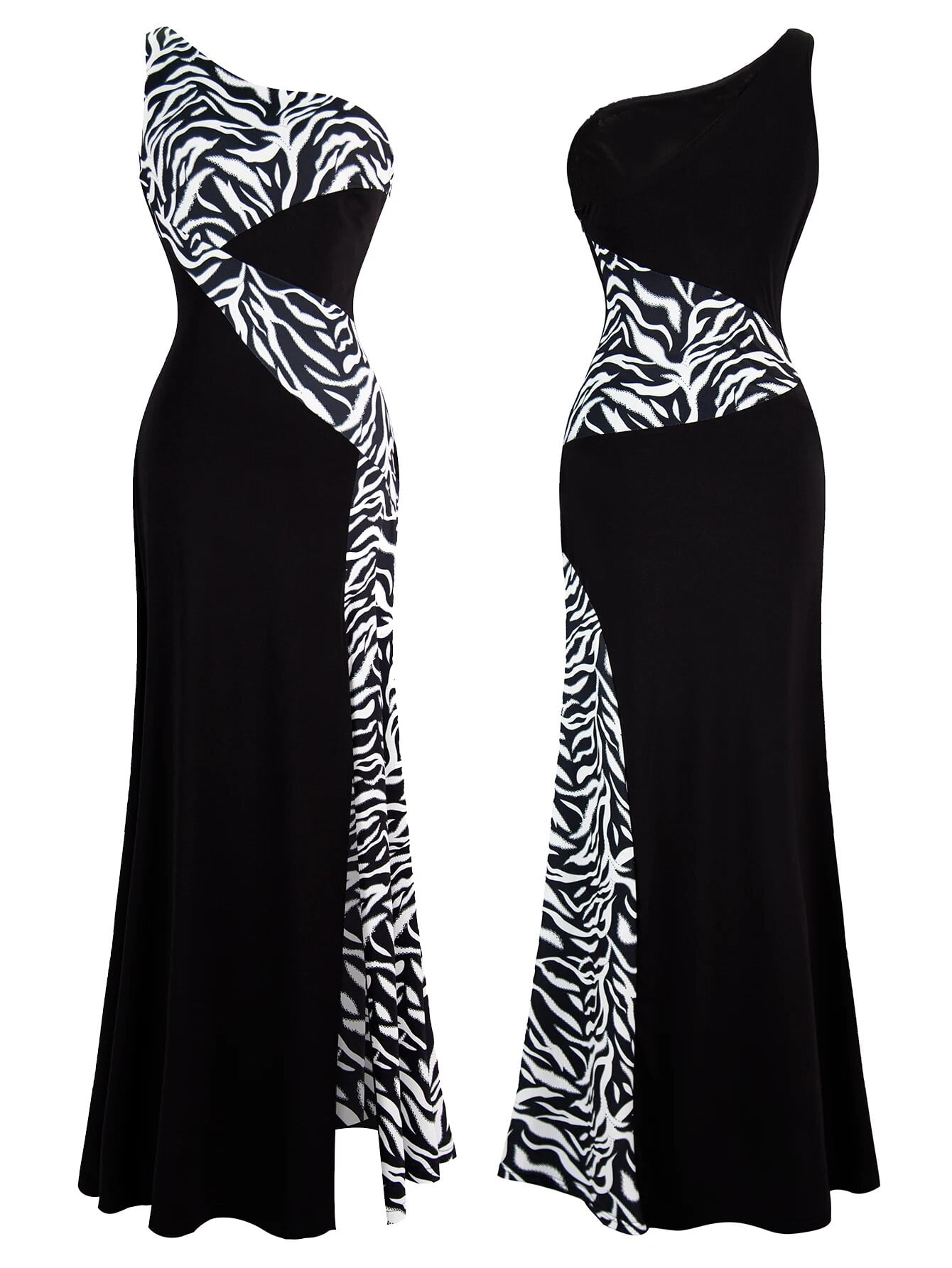 Angel-fashions Classic Zebra Black Gown Women's One Shoulder Split Long ...